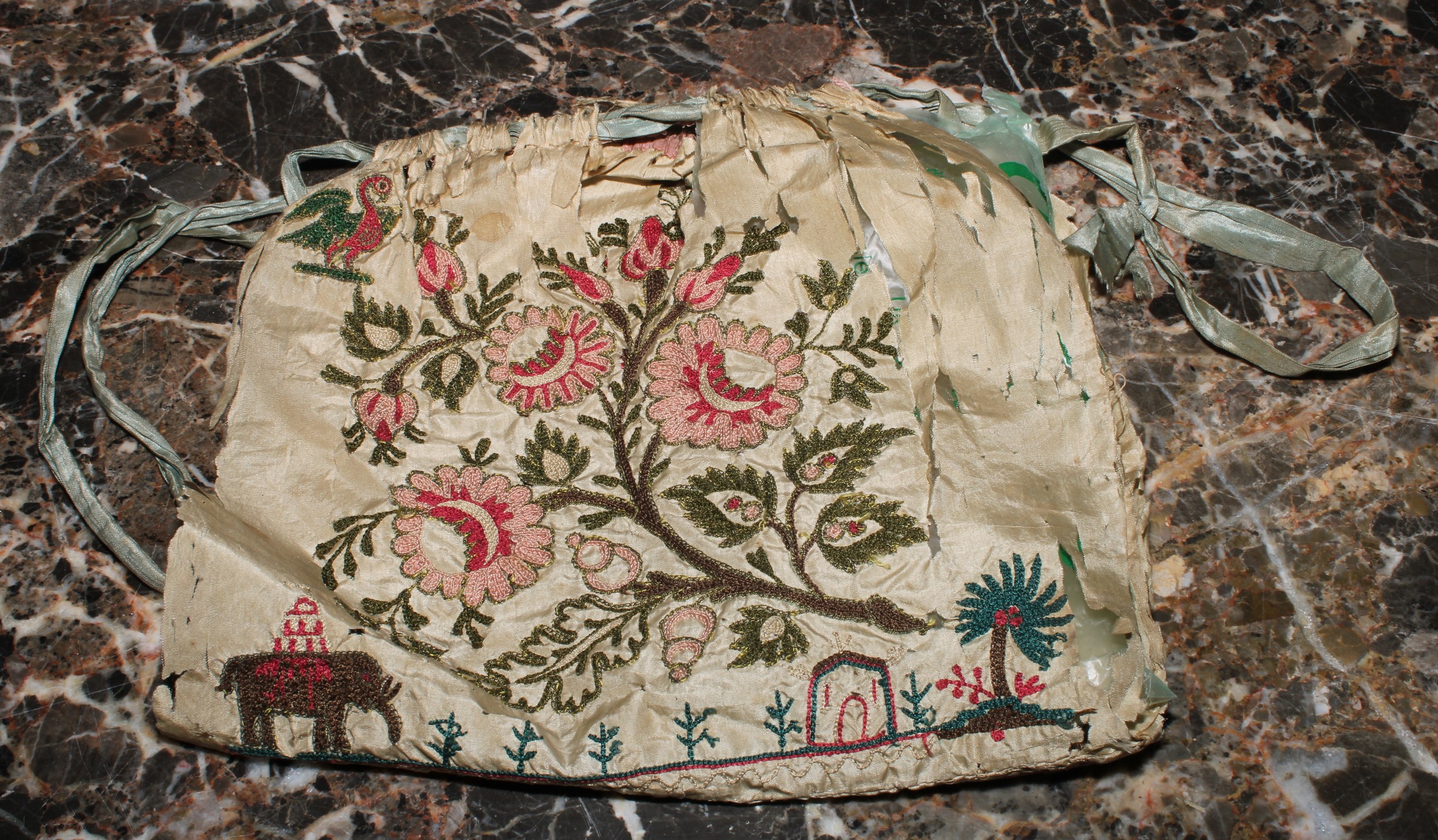 Textiles - an 18th century silk drawstring bag, embroidered with a ...