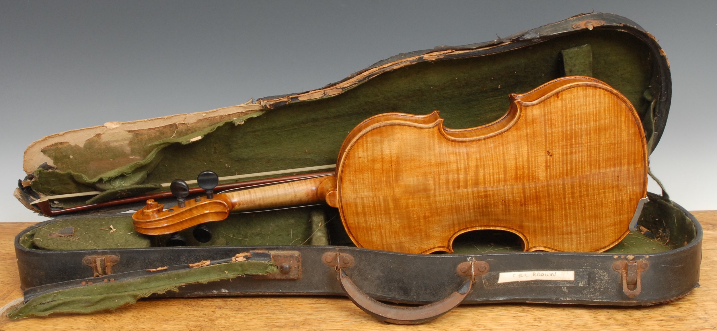A violin, the two-piece back 35.75cm long excluding button, ebony ...