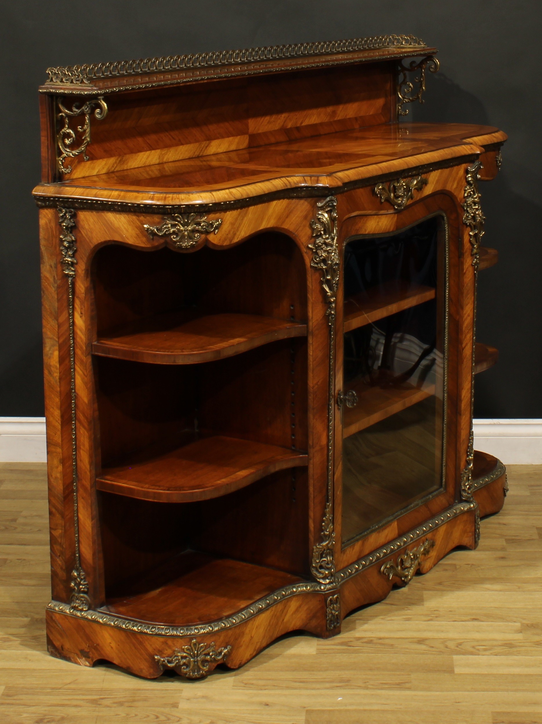 A Victorian gilt metal mounted walnut credenza or side cabinet ...