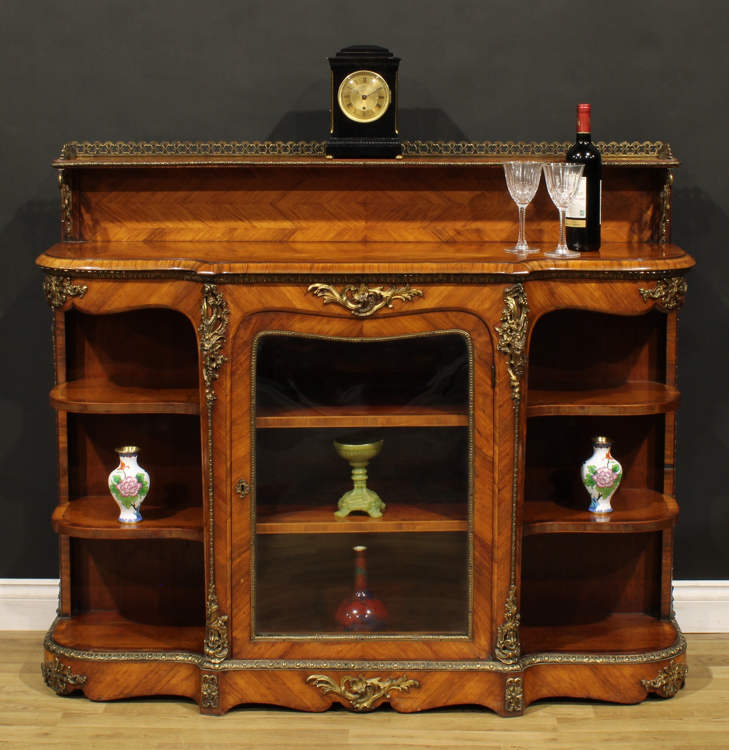 A Victorian gilt metal mounted walnut credenza or side cabinet ...