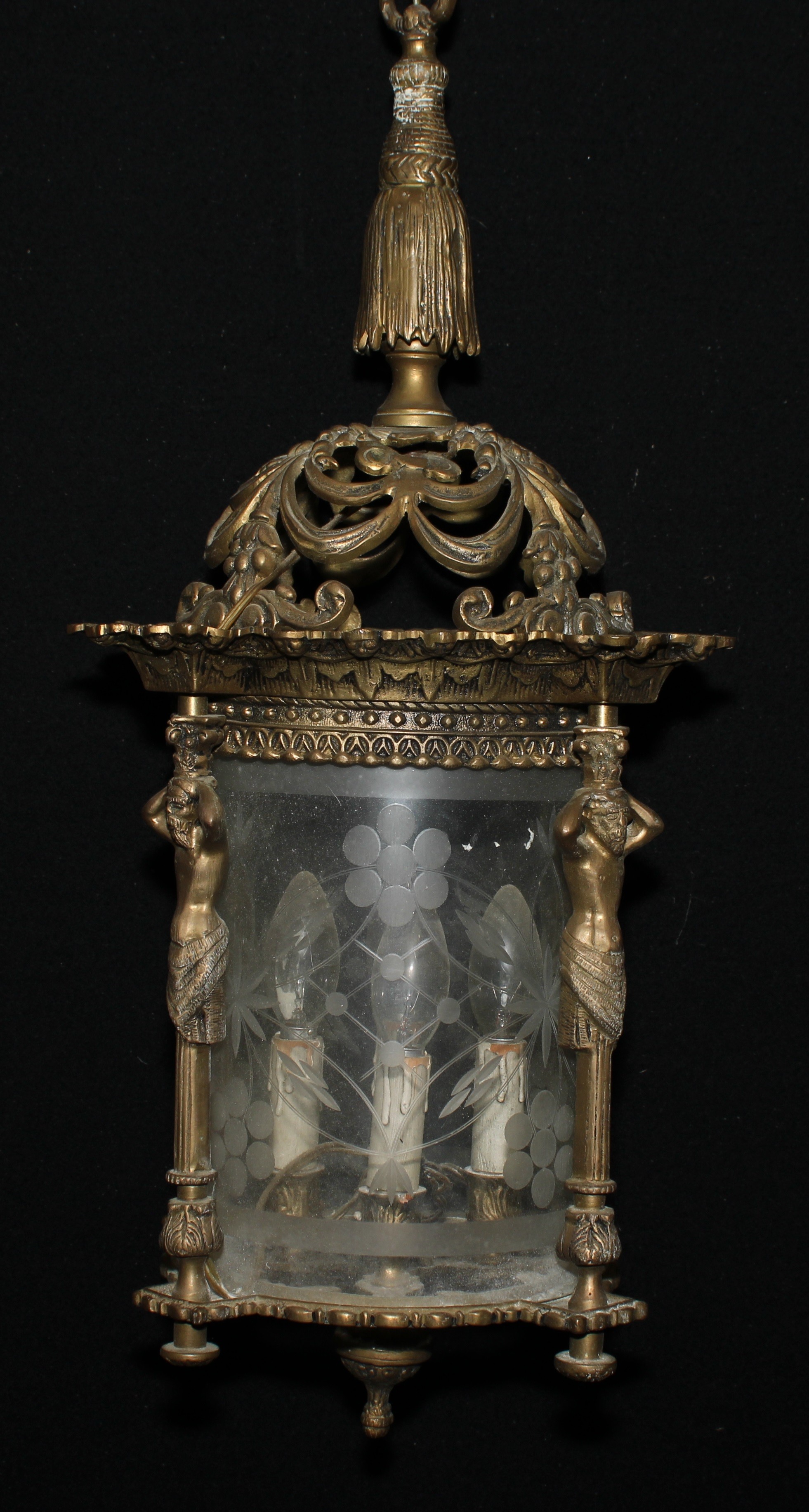 A French bronze hall lantern, cast in the Baroque taste with caryatids ...