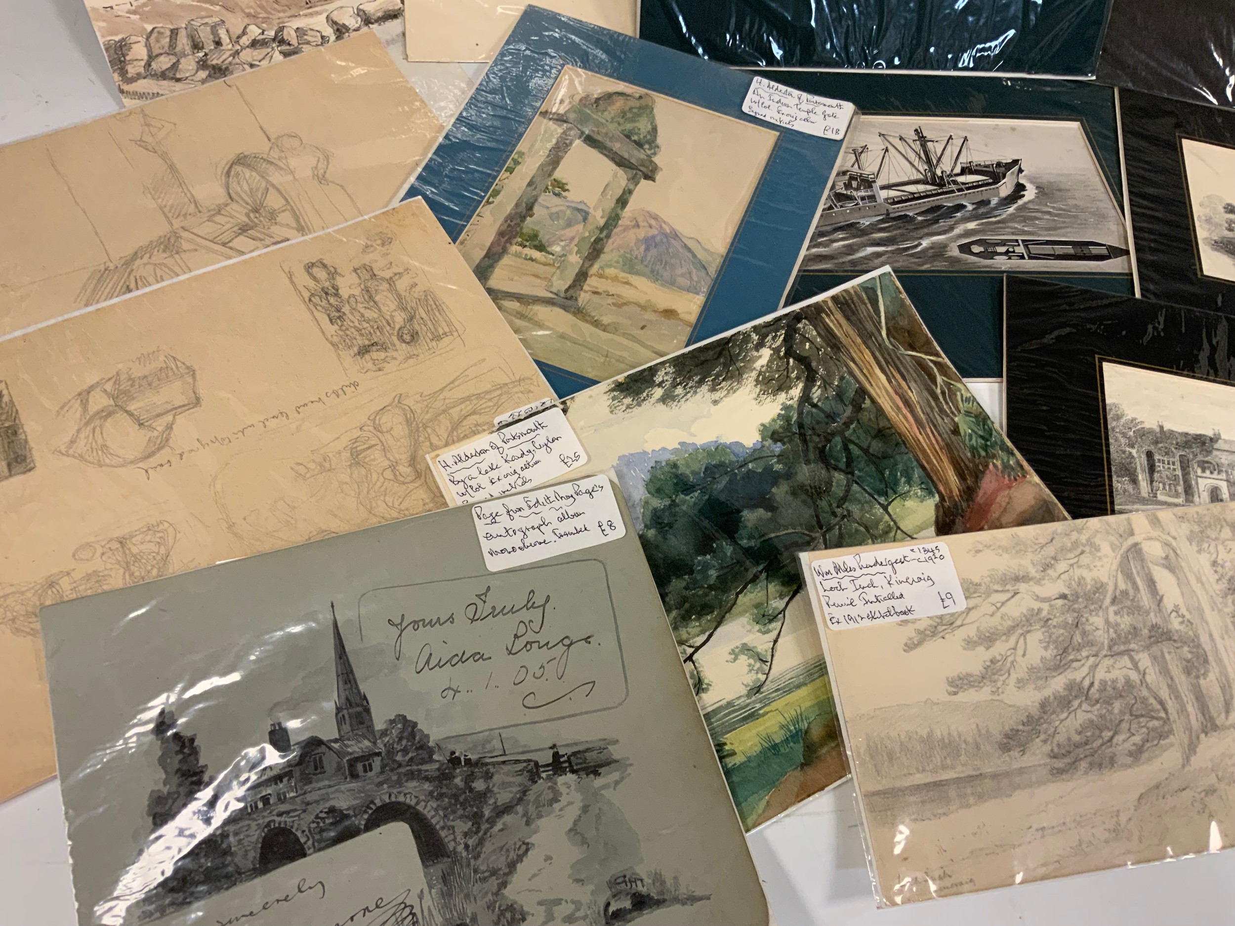 A folio of watercolour paintings and pencil sketches, landscapes ...