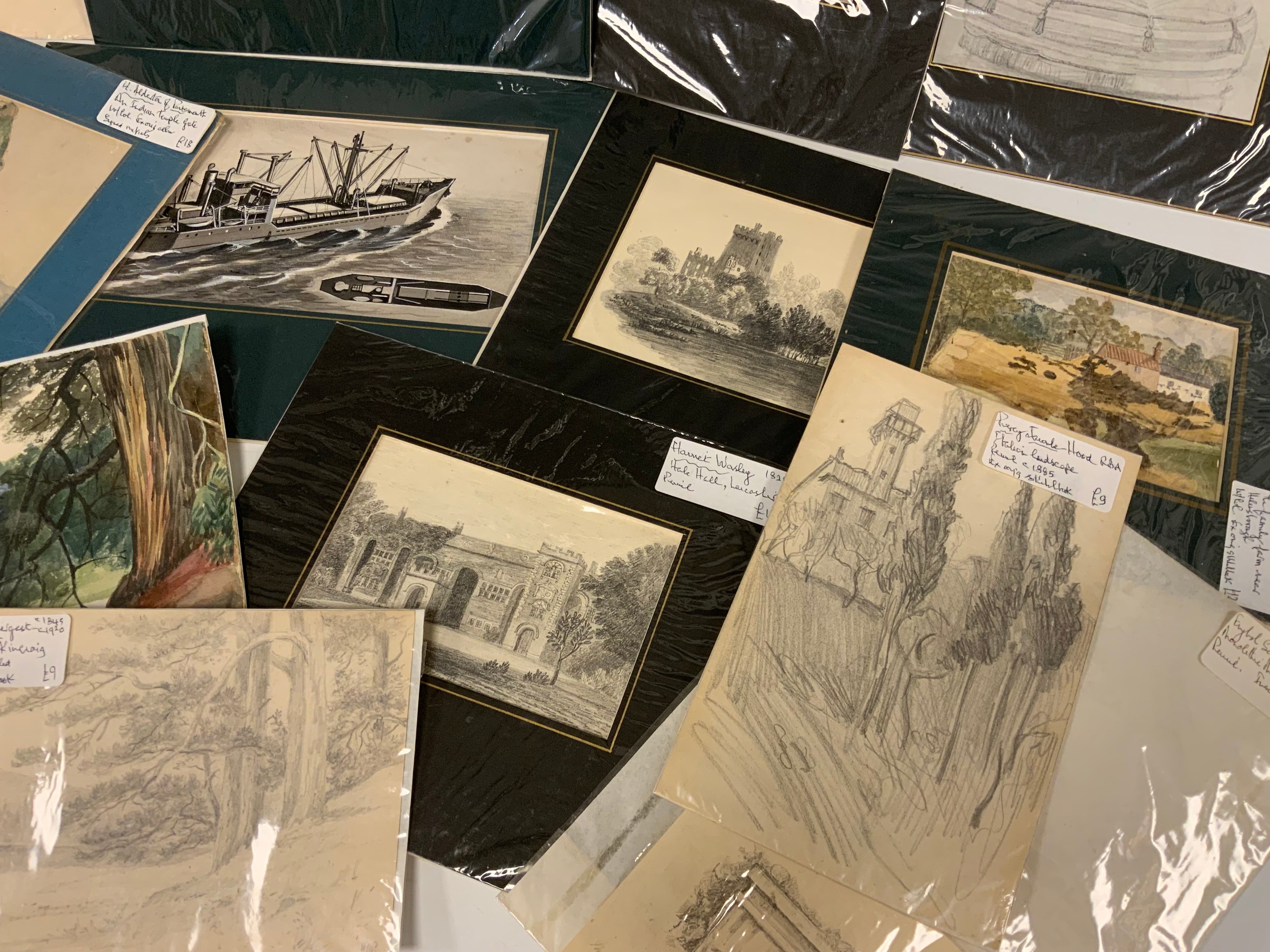 A folio of watercolour paintings and pencil sketches, landscapes ...