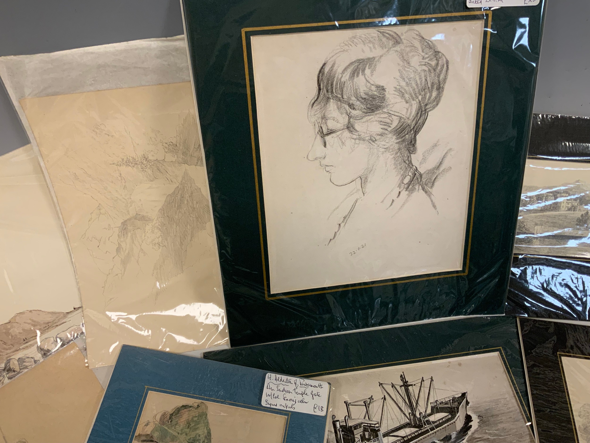 A folio of watercolour paintings and pencil sketches, landscapes ...