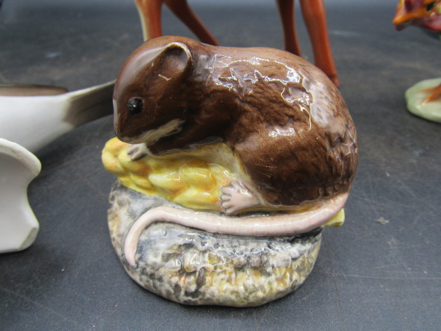 Beswick mouse, 2 USSR birds and a cherry brandy decanter in deer form