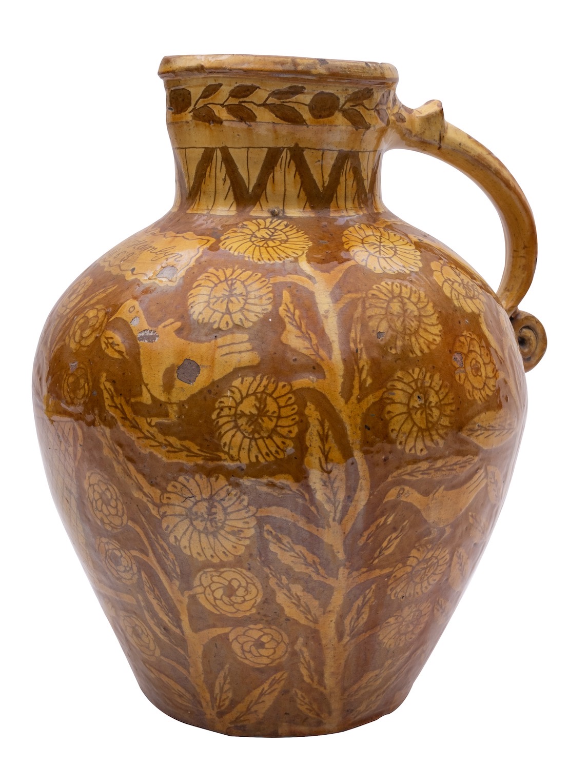 A North Devon slipware harvest jug inscribed 'Mrs Hamlyn 1863', with ...