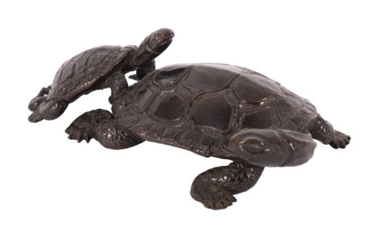 A small Japanese bronze okimono of two terrapins naturalistically ...