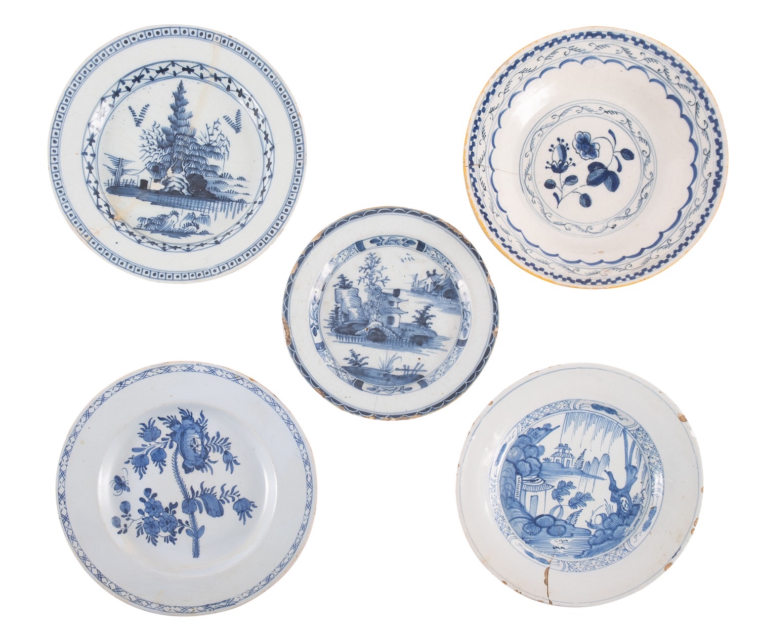 A group of sixteen English and Dutch blue and white delftware plates ...