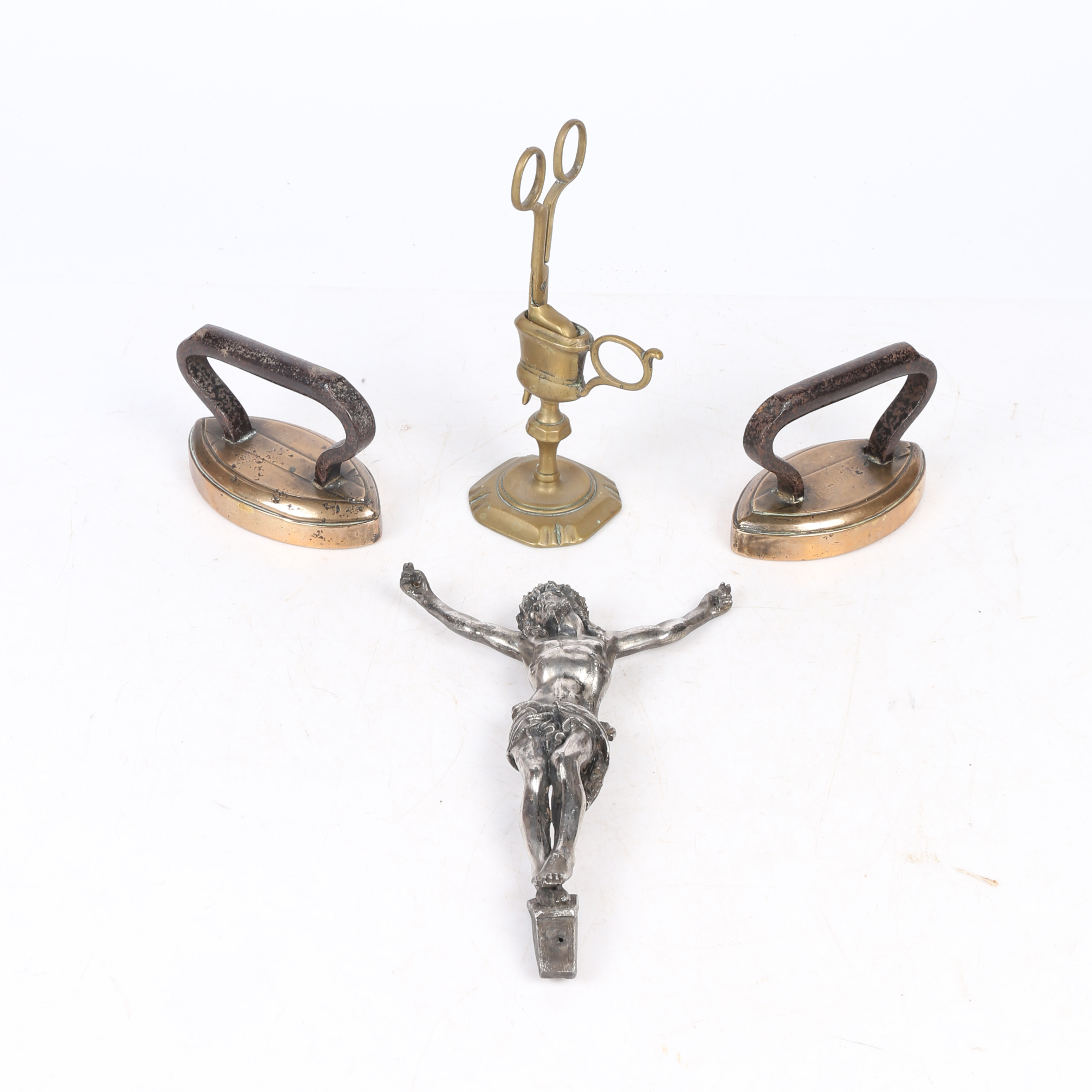 The flat irons with stell handles and bronze bases, the brass snuff ...