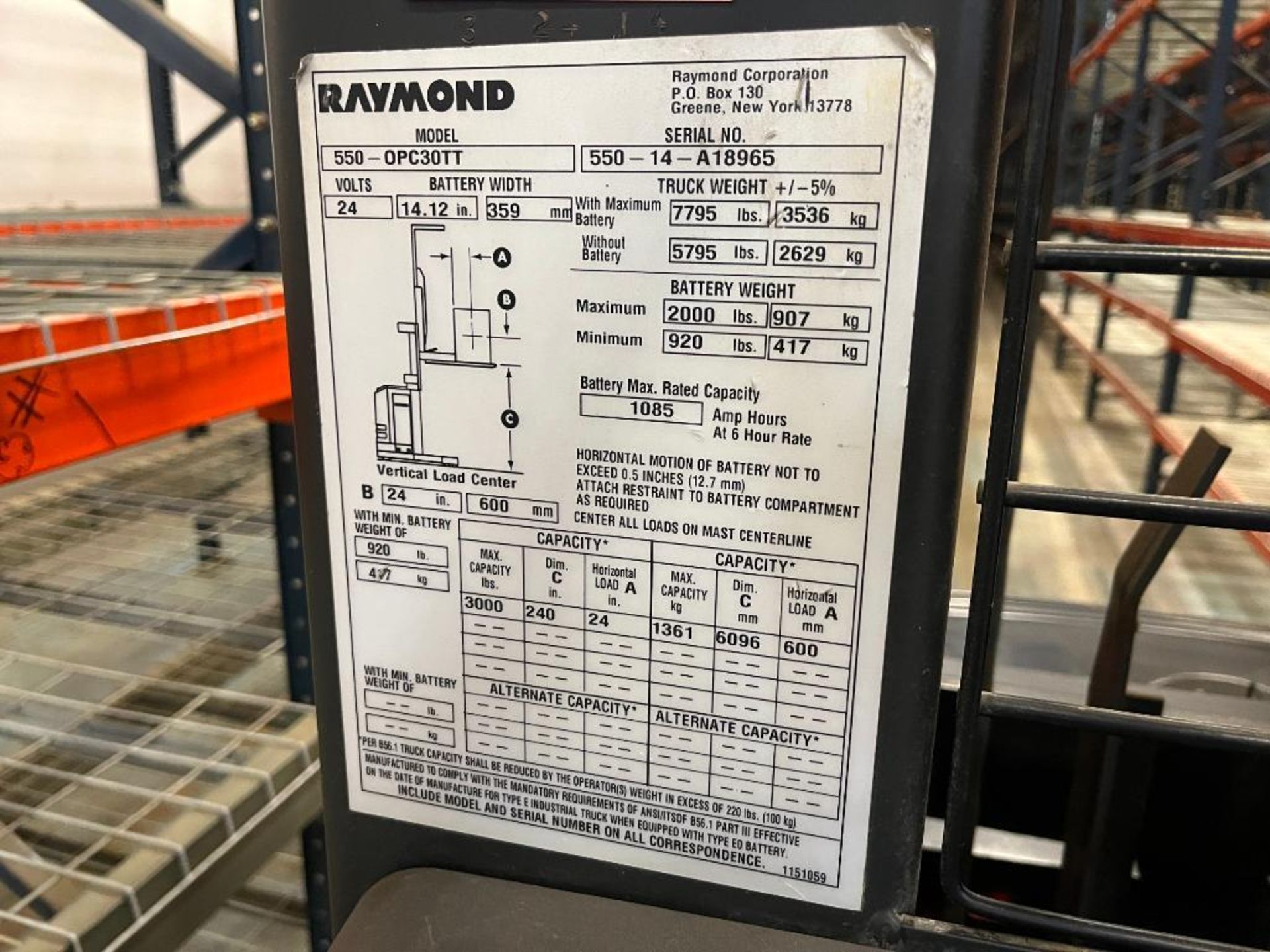 Raymond Model 550-OPC30TT 3000 lbs Capacity Electric Picker Forklift ...