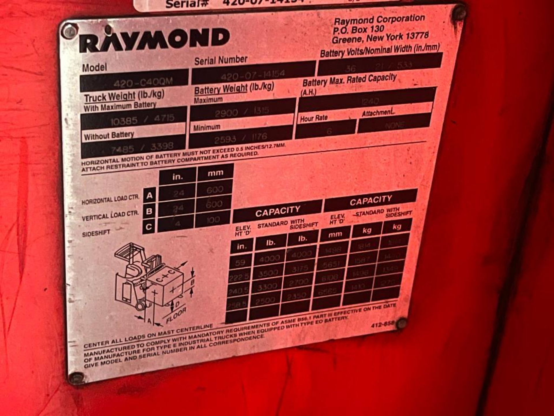 Raymond Model 420-C40QM 4000 lbs Capacity Electric Forklift, Serial No ...