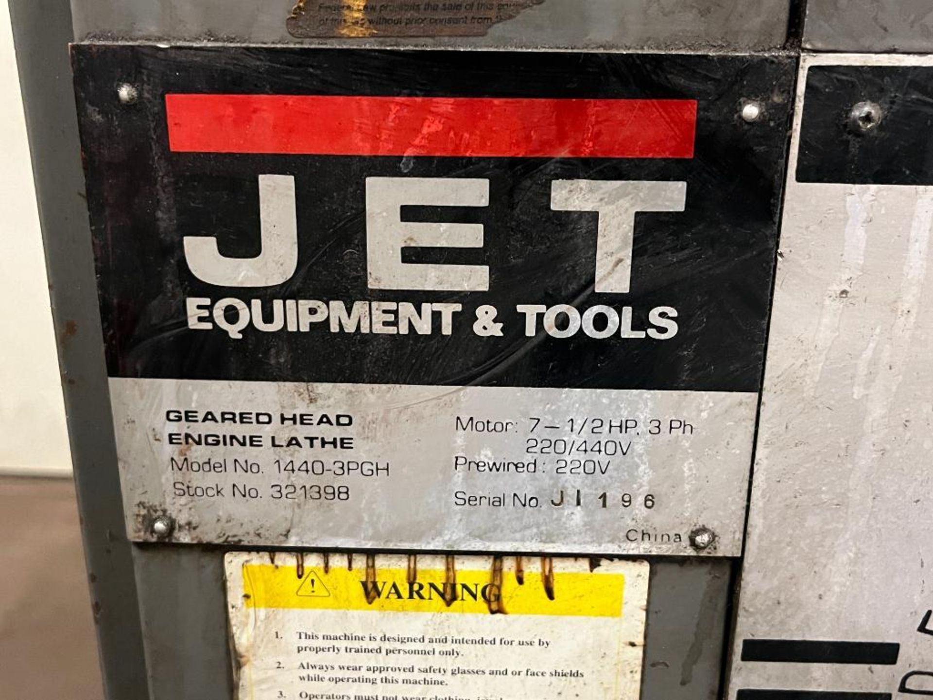 JET 14" x 40" Geared Head Engine Lathe Model 1440-3PGH, S/N 01198