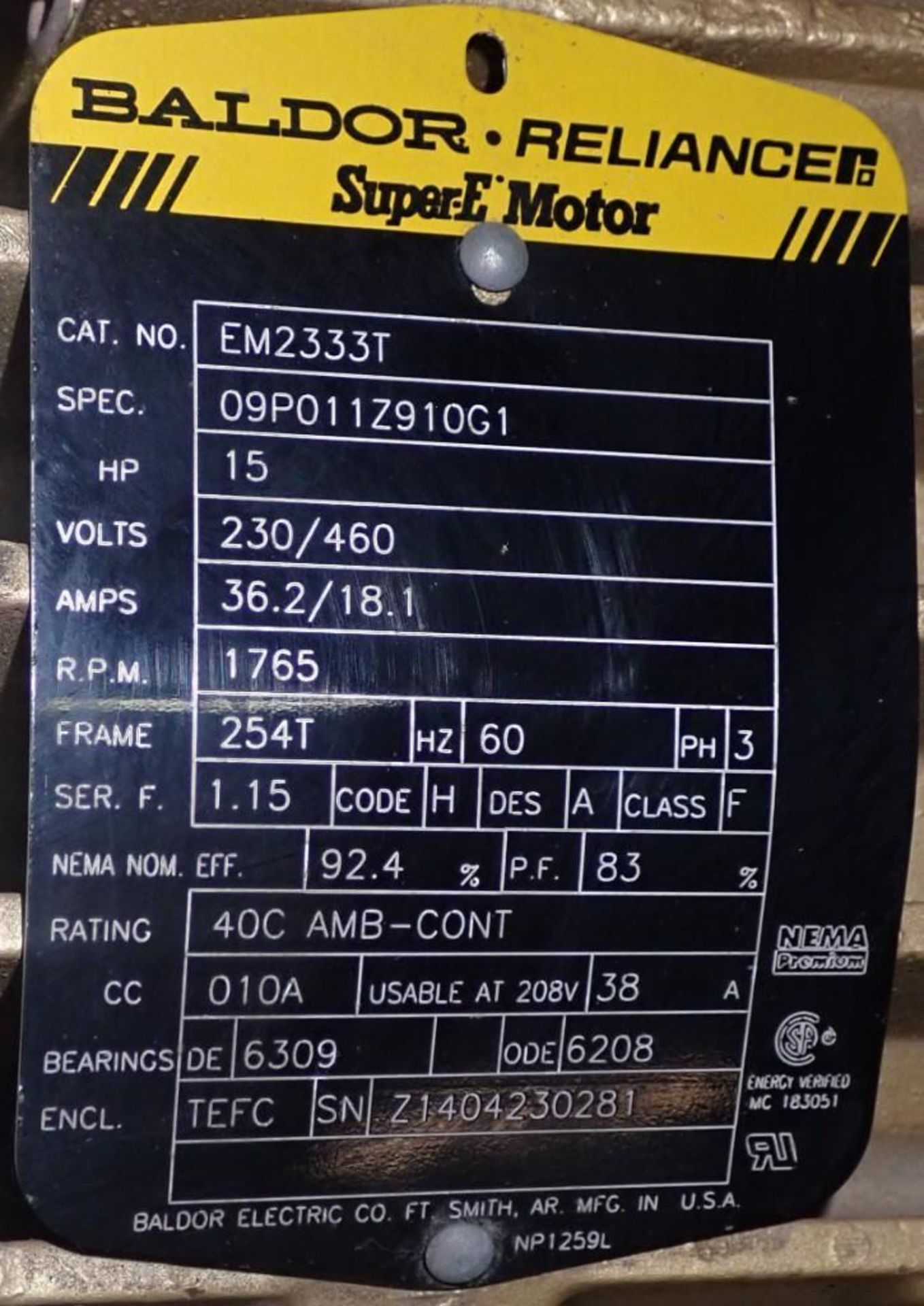 15 HP Baldor #EM2333T Super-E Motor