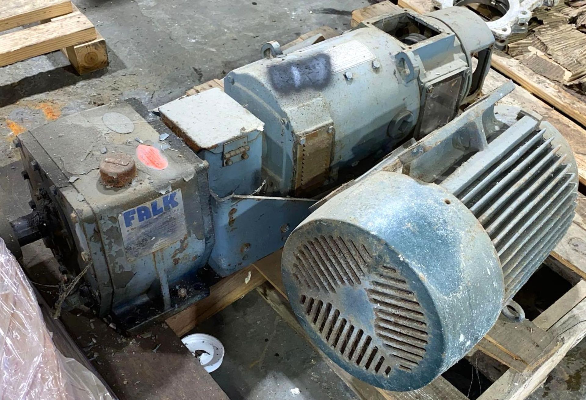 Lot of (2) Motors on Skid (1) w/ Falk Gearbox (1) 15 HP Toshiba AC ...
