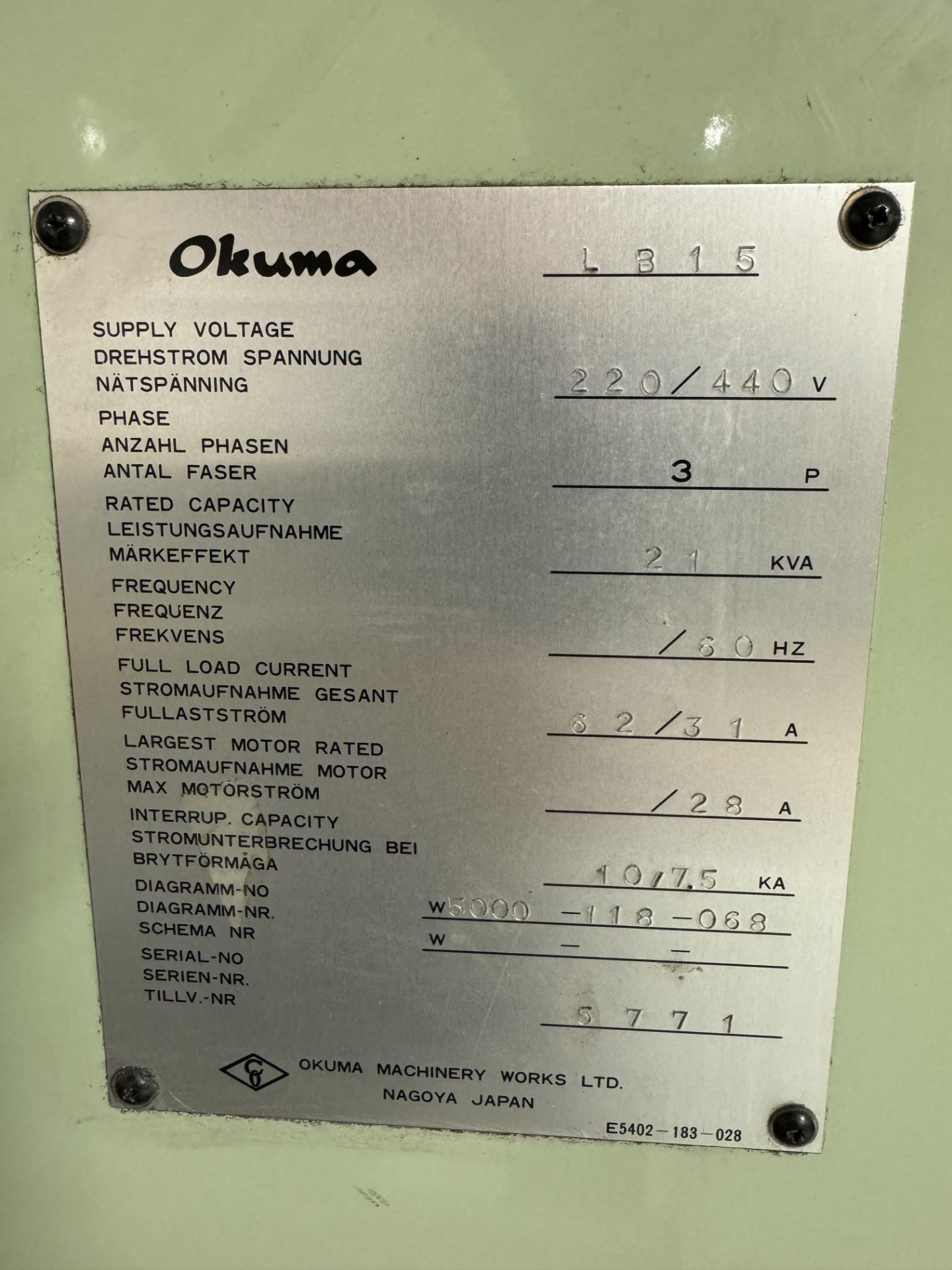 OKUMA LB15 HORIZONTAL MACHINING CENTER SERIAL # 5771; OKUMA OSP5000L-G ...