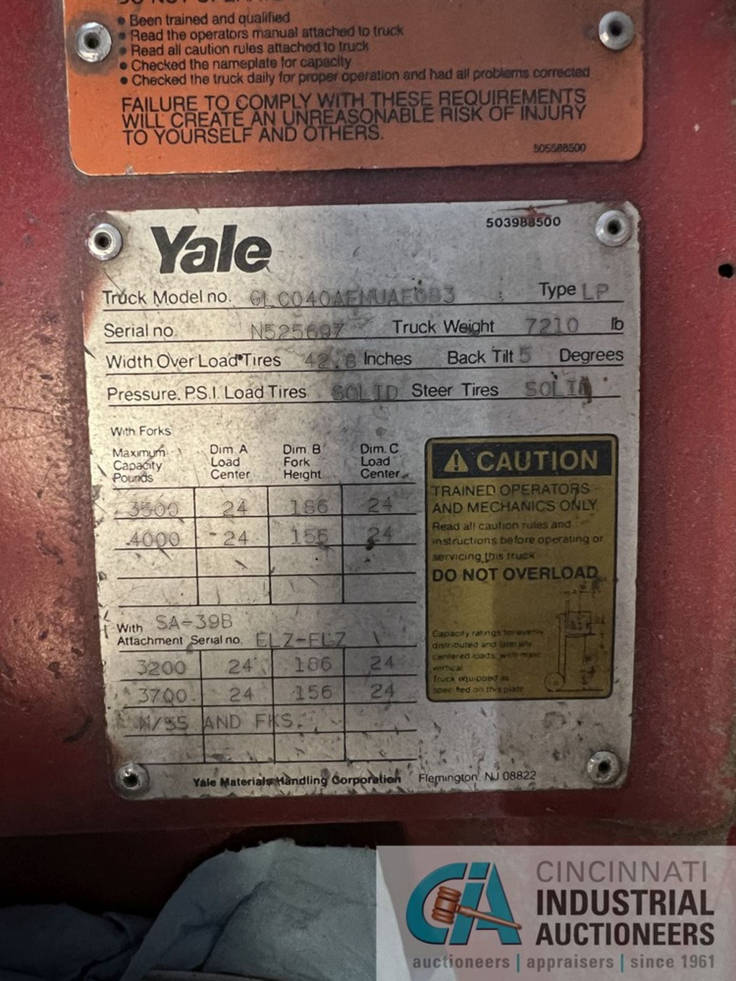 4,000 LB. YALE MODEL GLC040 LP GAS SOLID TIRE LIFT TRUCK; S/N N525697 ...