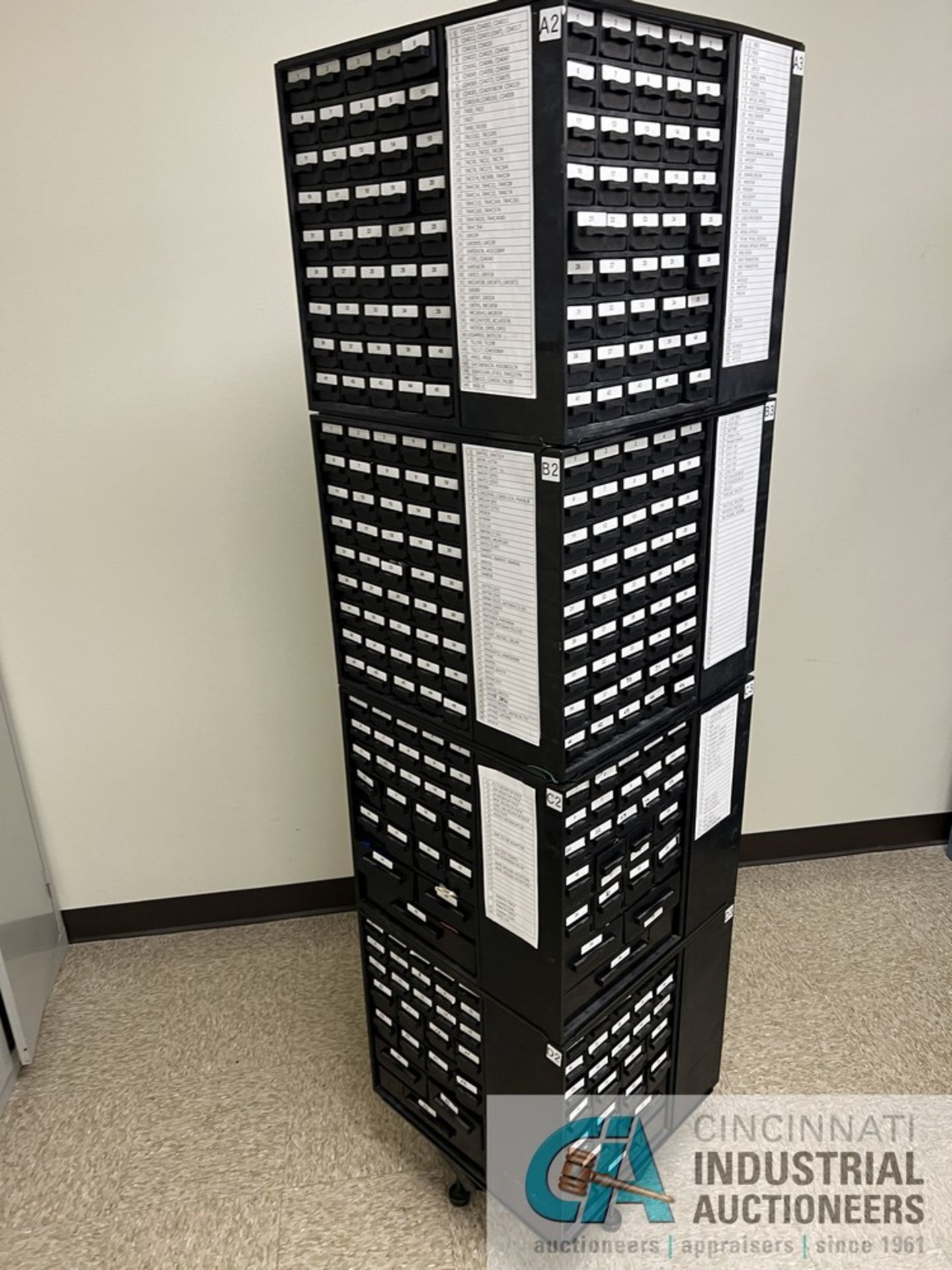 45-DRAWER PARTS CAROUSEL WITH CONTENTS INCLUDING RESONATORS, RESISTORS ...