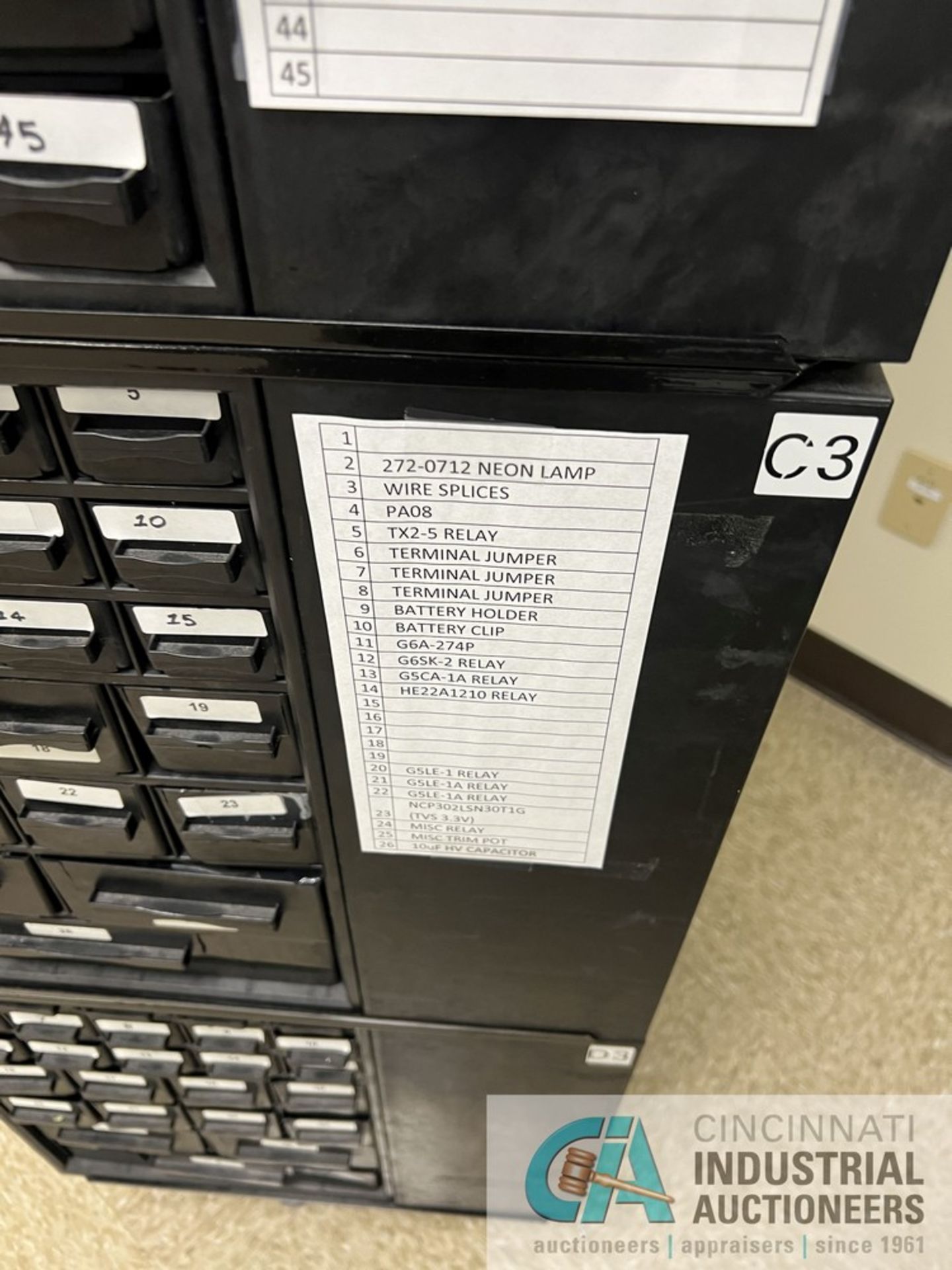 45-DRAWER PARTS CAROUSEL WITH CONTENTS INCLUDING RESONATORS, RESISTORS ...