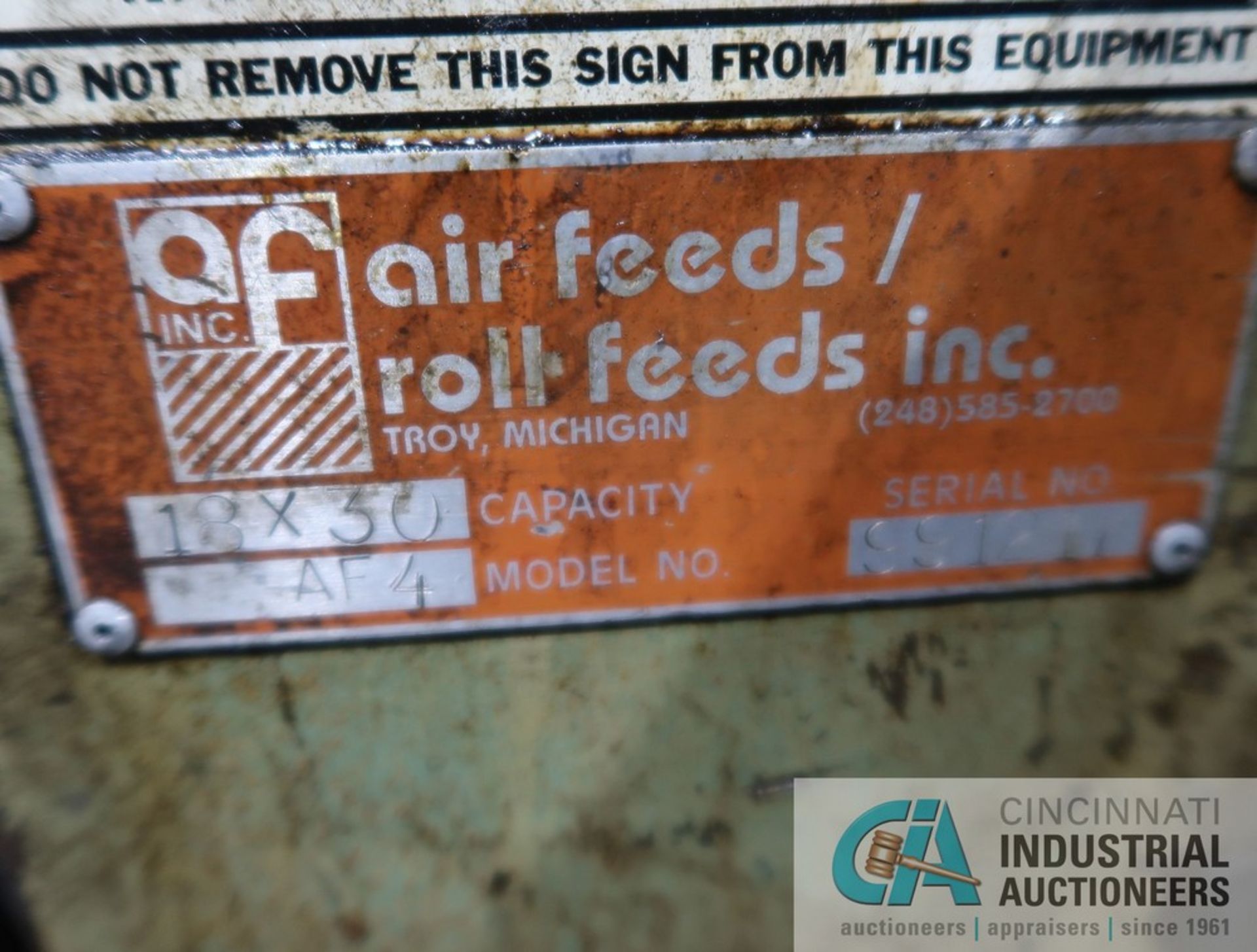 AIR FEEDS / ROLL FEEDS MODEL AF4 COIL AIR FEEDER; S/N 991217, 18" X 30 ...
