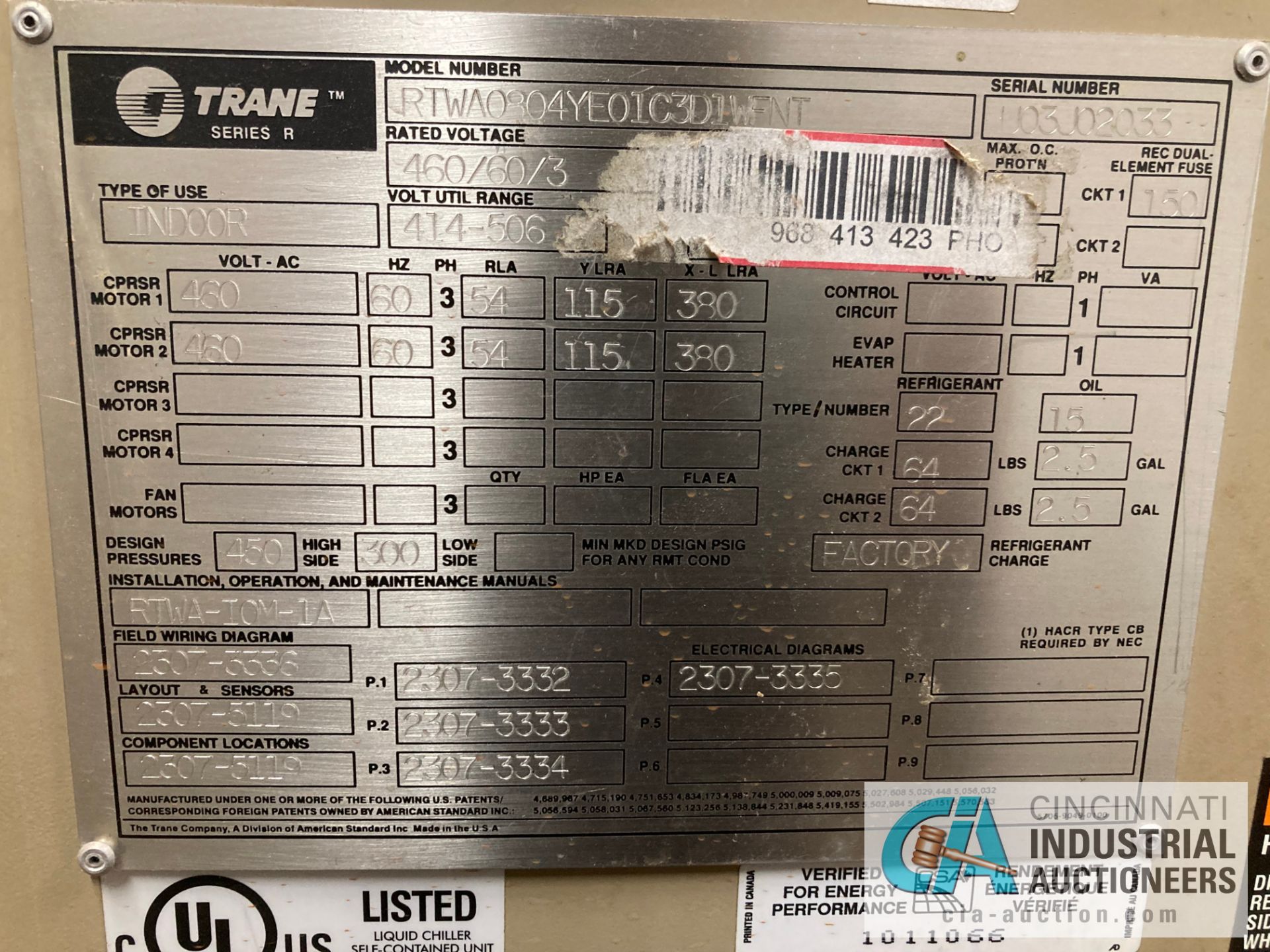 TRANE SERIES R MODEL RTWA0804YE01C3D CHILLER; S/N U03J02033, **NO ...