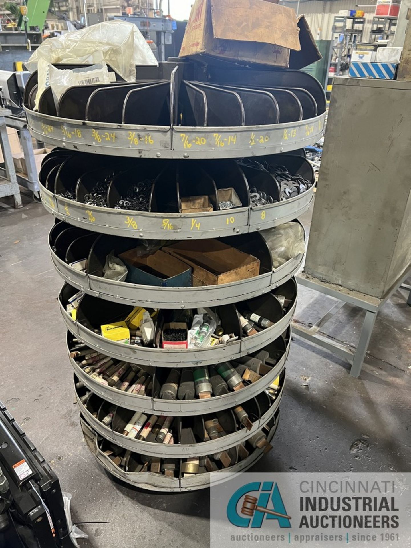 32" DIAMETER X 7-TRAY HARDWARE CAROUSEL WITH HARDWARE AND FUSES