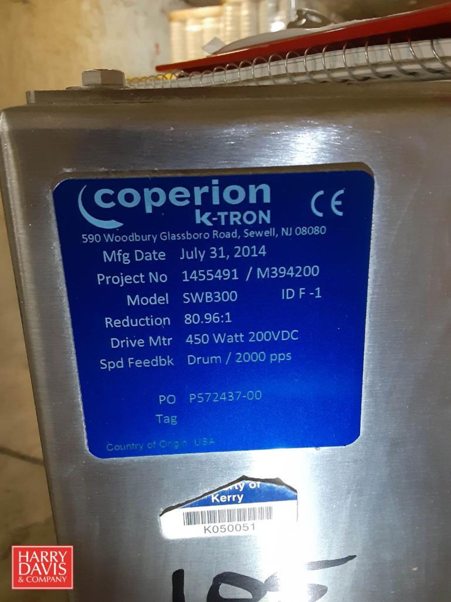 2014 Coperion K-Tron, Model: SWB300,IDF-1, S/N: 1455491/M394200 with ...