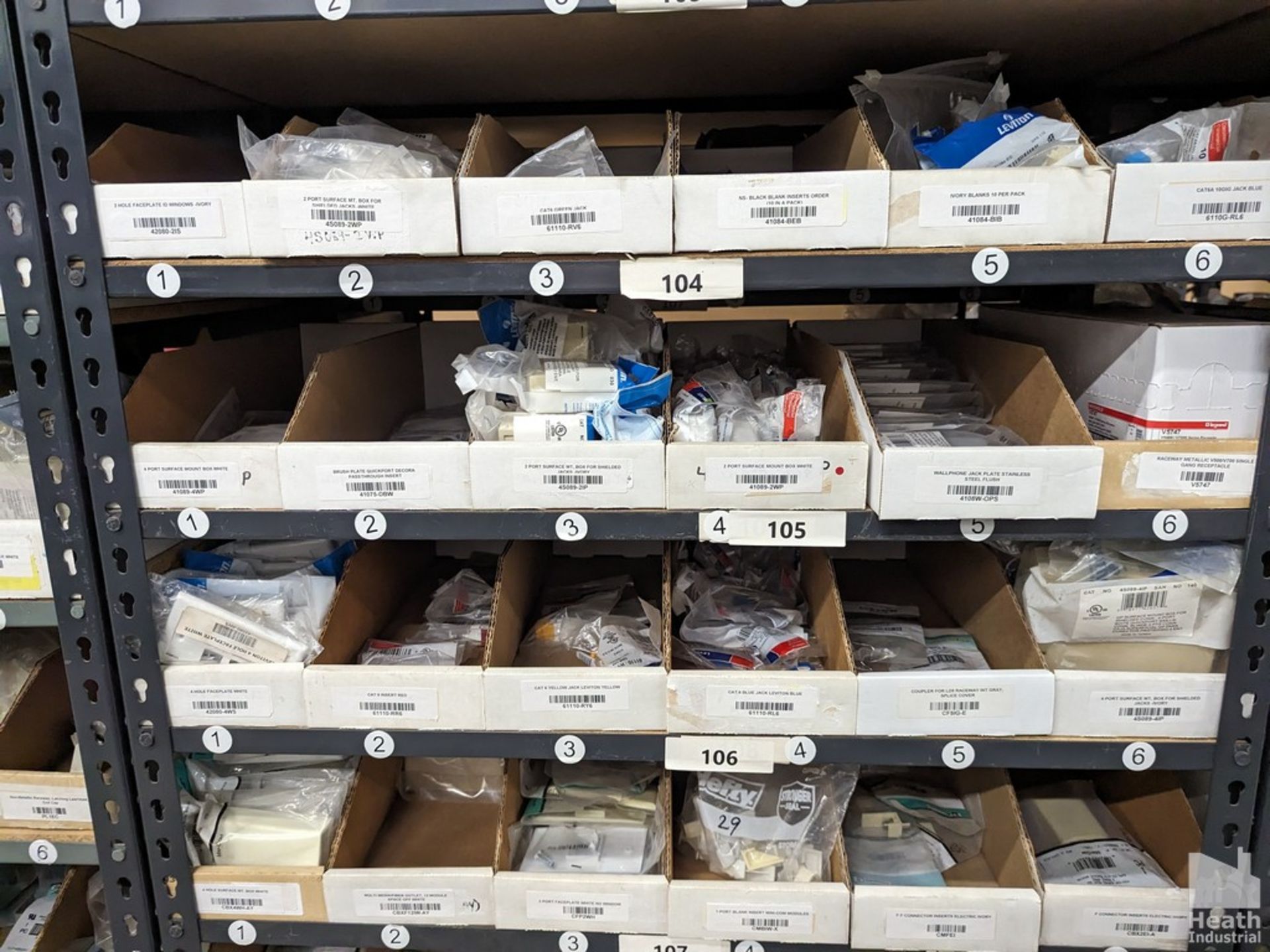 SHELF UNIT WITH PANDUIT JUNCTION BOXES, KEYSTONE INSERTS, CAT6 JACKS, ETC