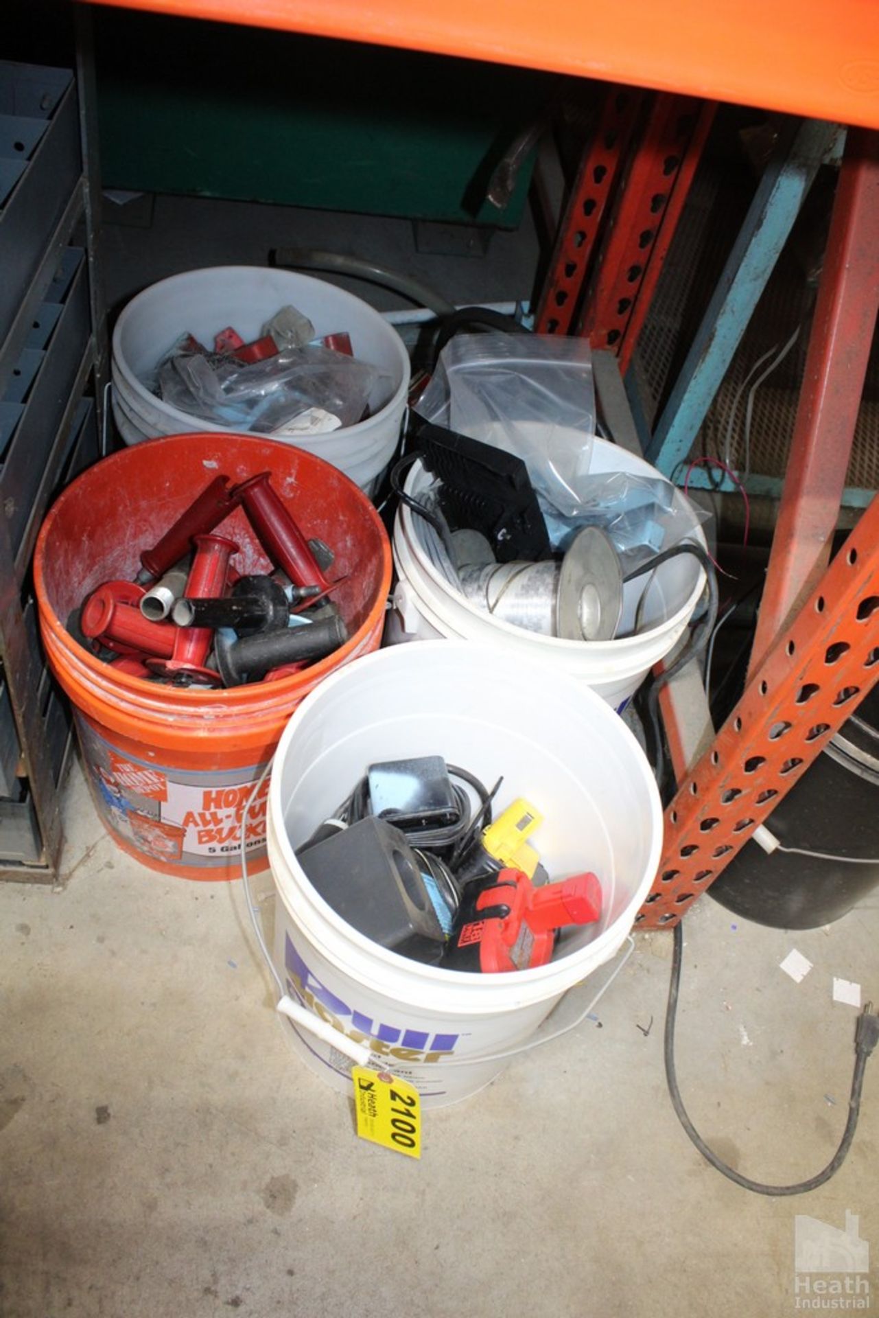 (4) BUCKETS WITH POWER TOOL CORDS, HANDLES AND BATTERIES