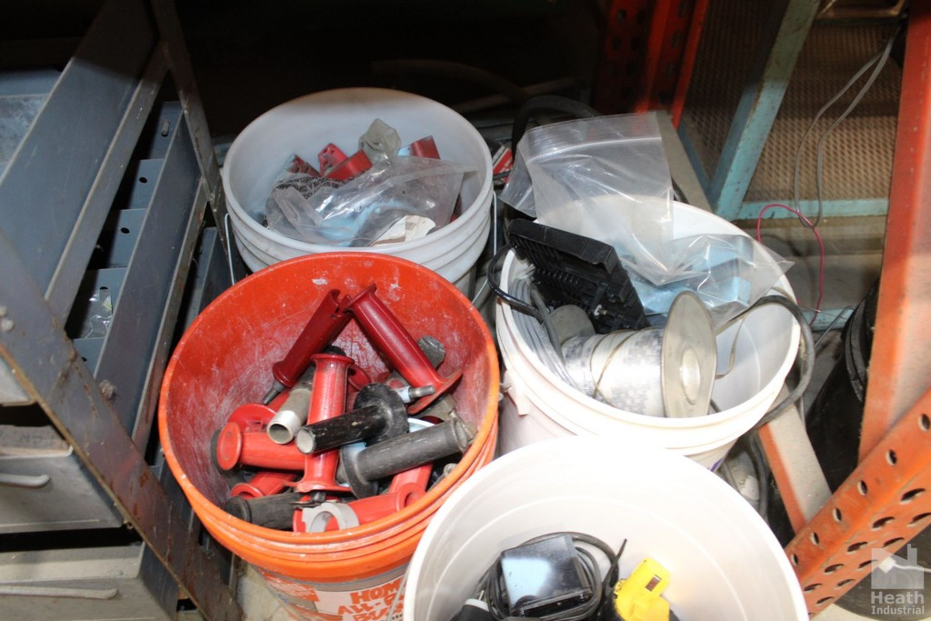 (4) BUCKETS WITH POWER TOOL CORDS, HANDLES AND BATTERIES