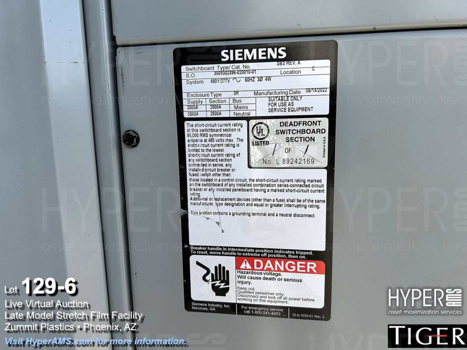 Siemens switchboard,480Y/277v, cat no. SB2 rev.a, there are (4 ...