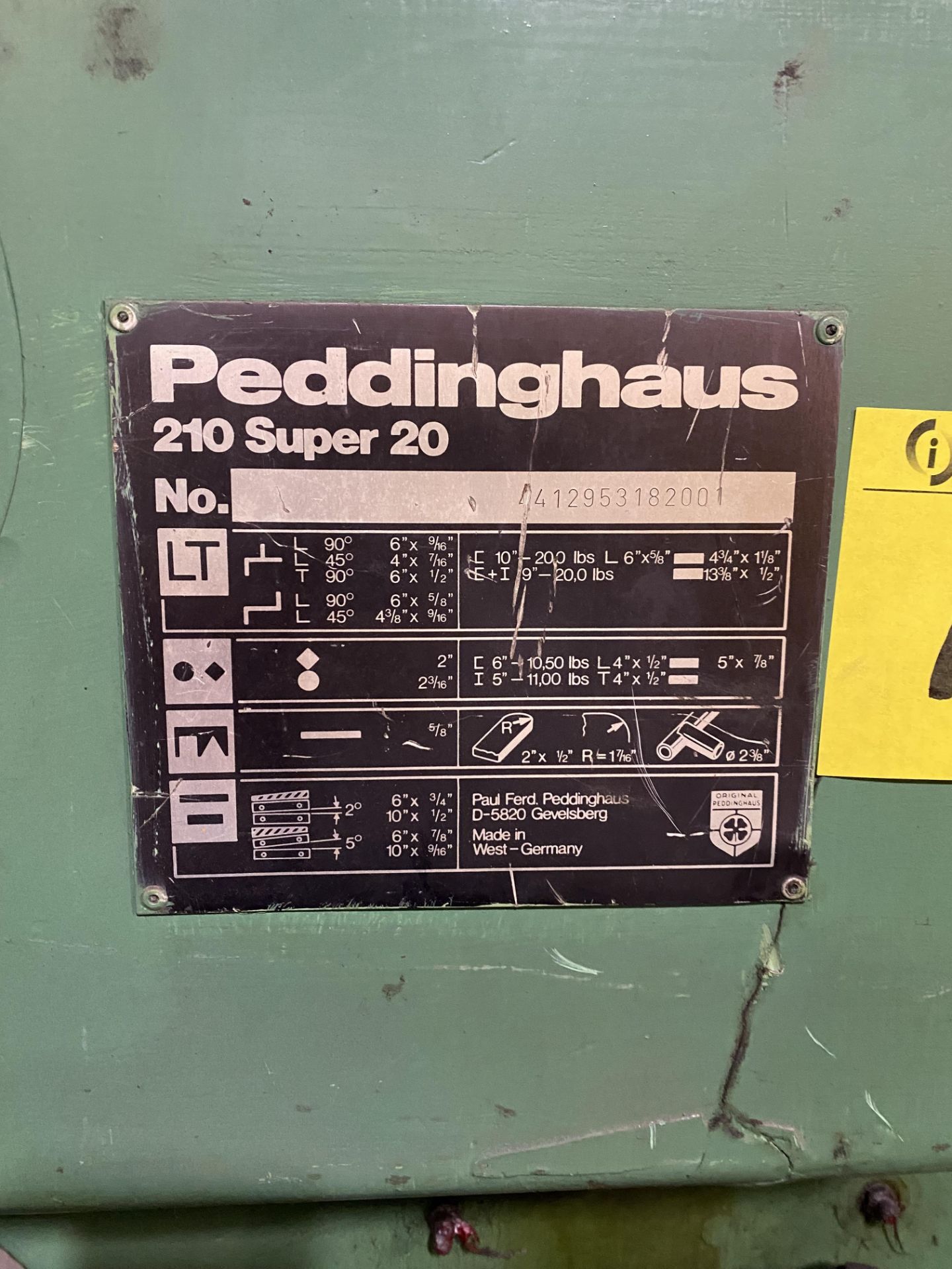 PEDDINGHAUS 210 SUPER 20 HYDRAULIC IRONWORKER, 120-TON PUNCH CAP., 6” X ...