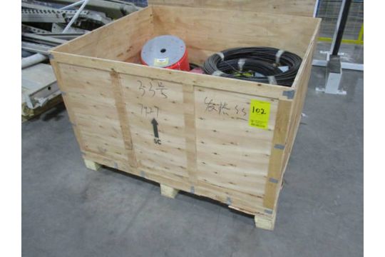 WOODEN CRATE W/ ASSORT WIRING, HOSE, FASTENERS & MISC