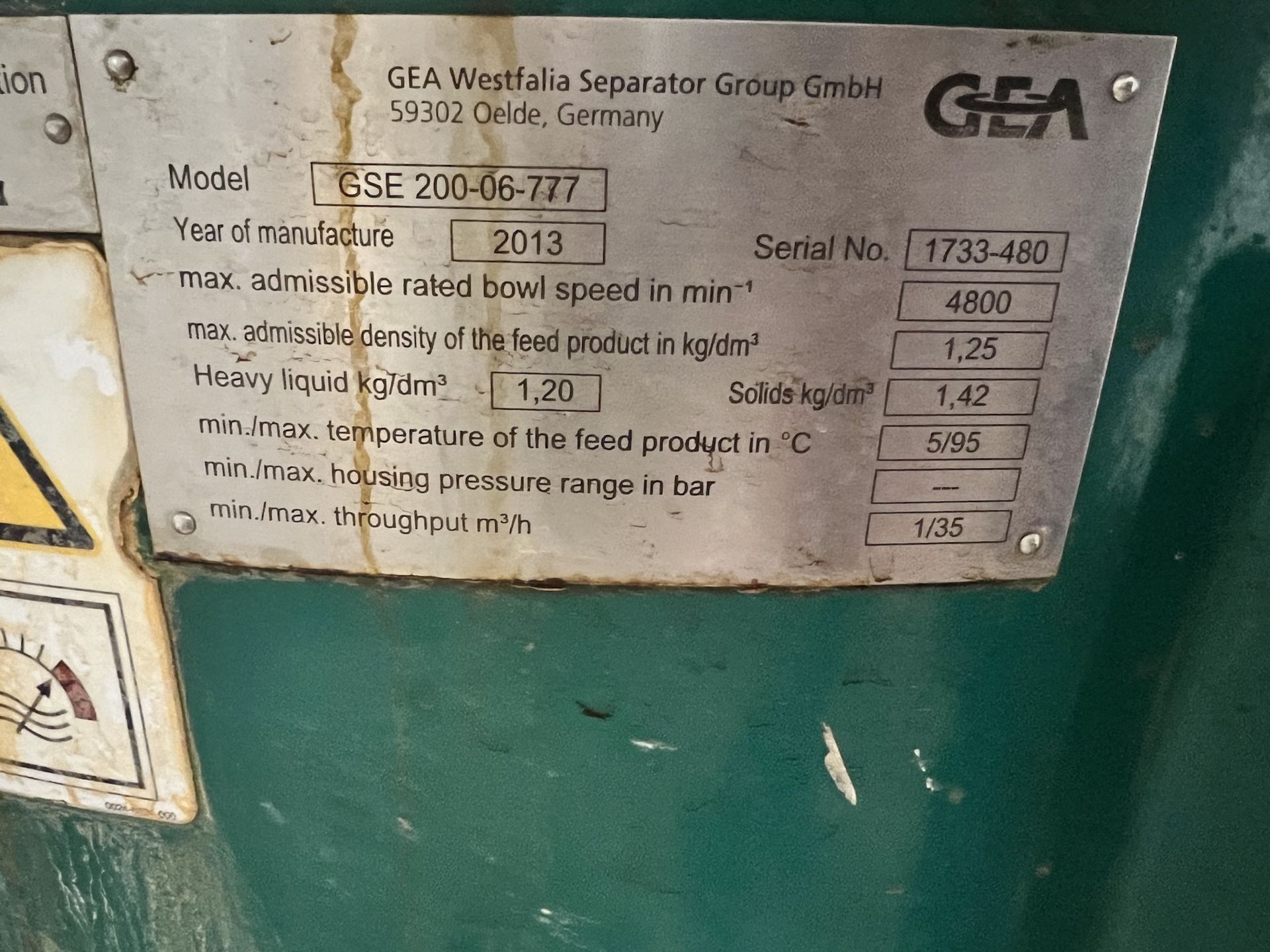 2013 GEA WESTFALIA CENTRIFUGE / CLARIFIER, MODEL GSE-200-777, S/N 1733 ...