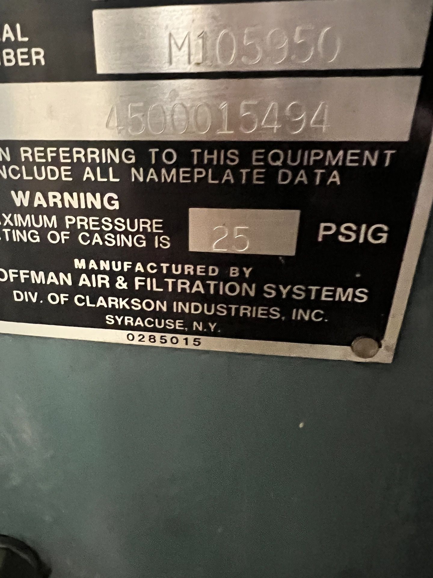 HOFFMAN CENTRIFUGAL EXHAUSTER / BLOWER, MODEL 38308E, S/N M105950, 50 ...