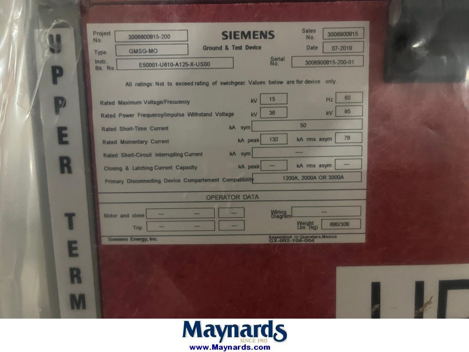SIEMENS TYPE GMSG-MO NEW BREAKER MANUFACTURED 2018 [Loc: Dayton, WA ...