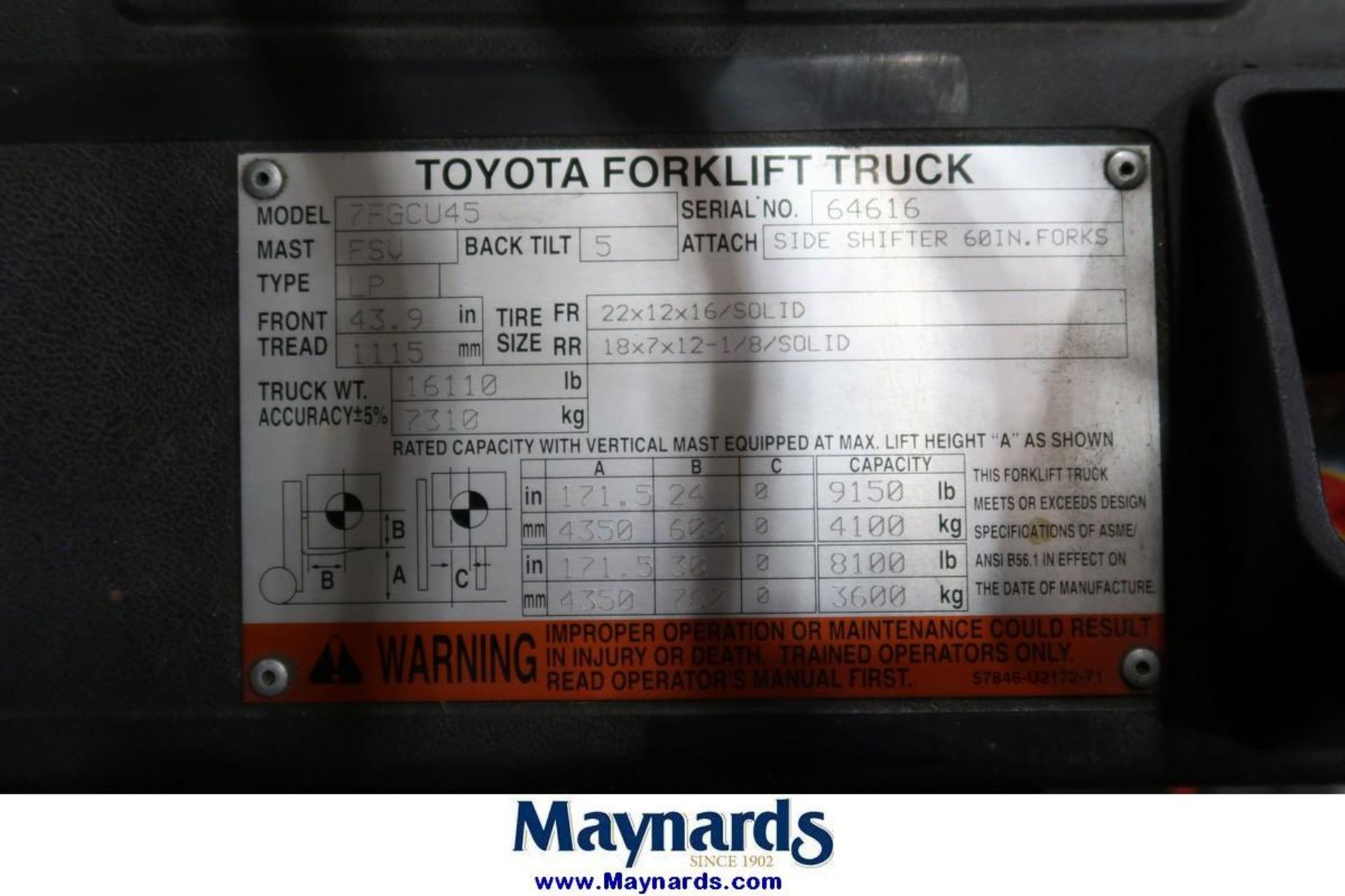 2007 Toyota 7FGCU45 9,150 Lb. Capacity LP Type Fork Lift 3-Stage Mast ...