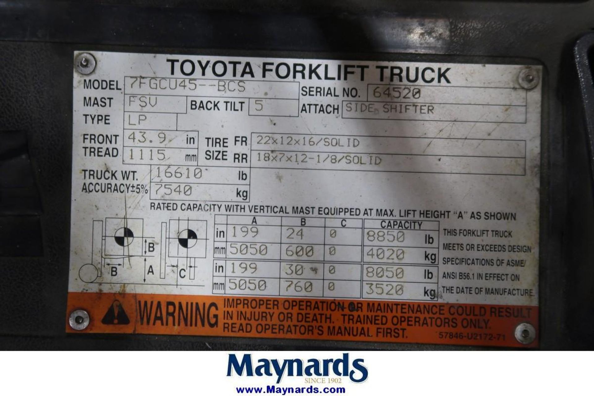 2007 Toyota 7FGCU45-BCS 8,850 Lb. Capacity LP Type Fork Lift 3-Stage ...