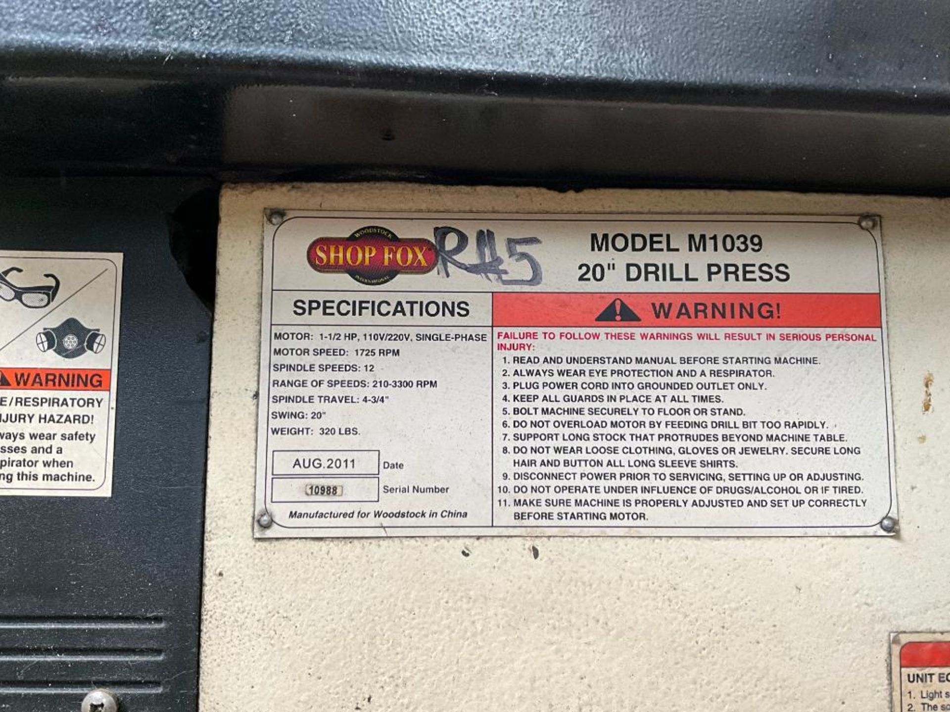 Shop Fox 20" Drill Press, Model M1039, 1-1/2HP, Aug. 2011, S/N 10988 ...