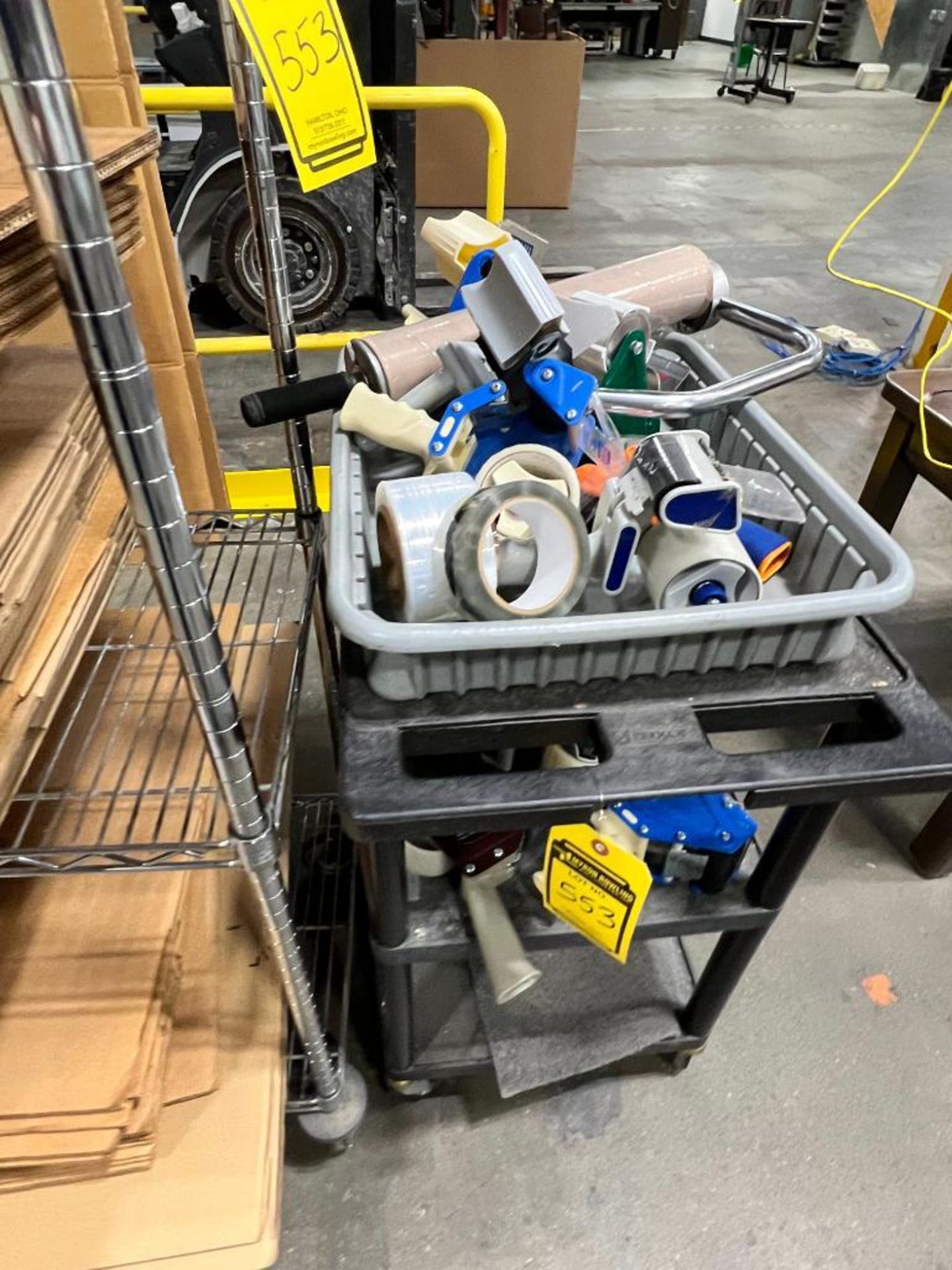 Rolling Rack & Cart of Assorted Shipping Supplies