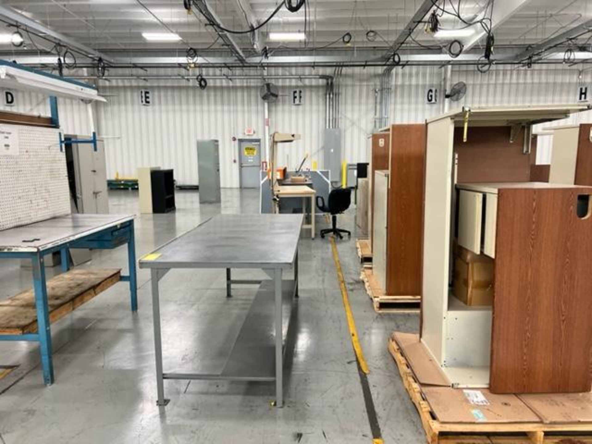 Large Lot of Metal Tables, Desk, Filing Cabinets, & Work Stations