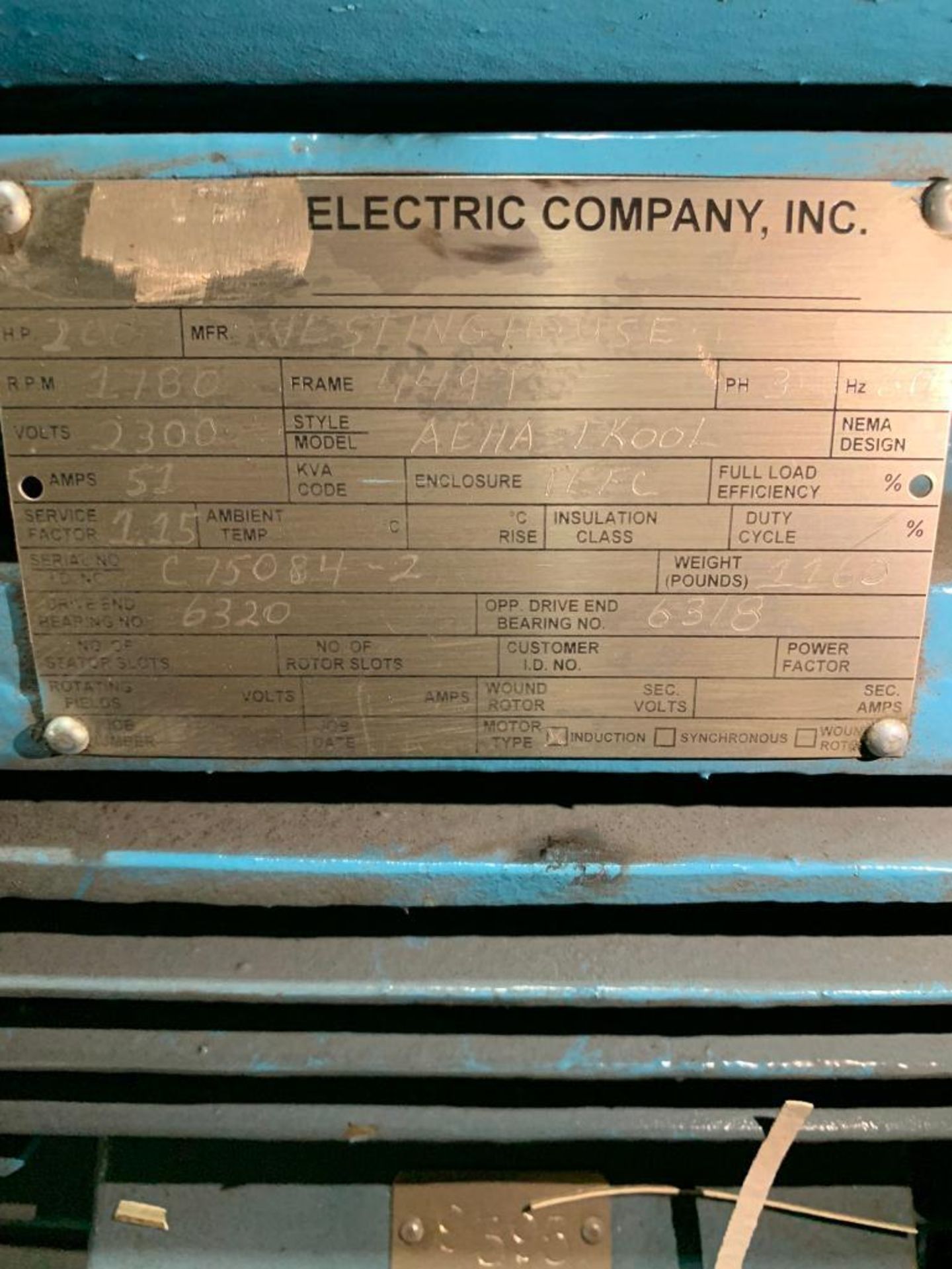 Westinghouse 200-HP Electric Motor, 1780 RPM, 2300 V, 3 Phase, FR: 449TZ