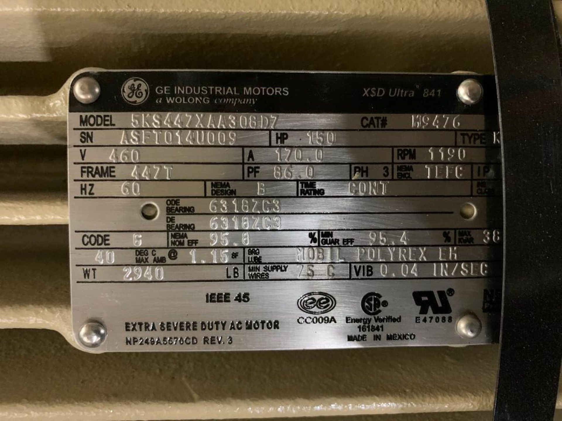 GE 150-HP Electric Motor, 1185 RPM, 460 V, 3 PH, FR: 447T