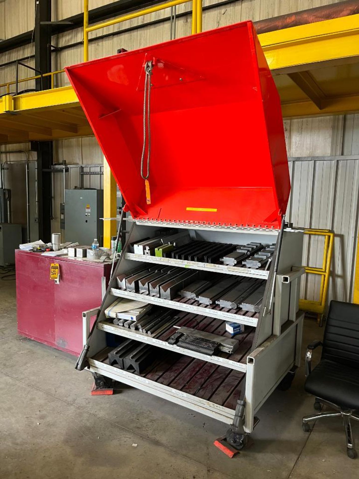 Cart of Assorted Press Brake Dies w/ Cabinet of Manuals & Parts