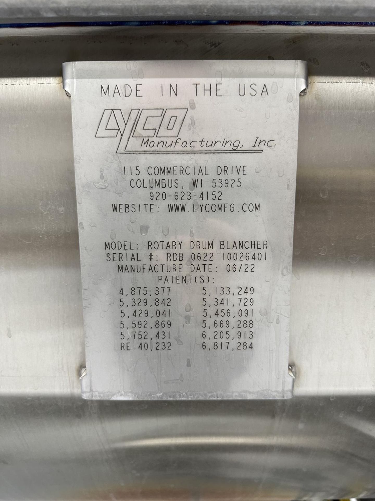 2022 Lyco Rotary Blancher / Cooker, s/n RDB-0622-10026401, 36 x 8Í/4 ...