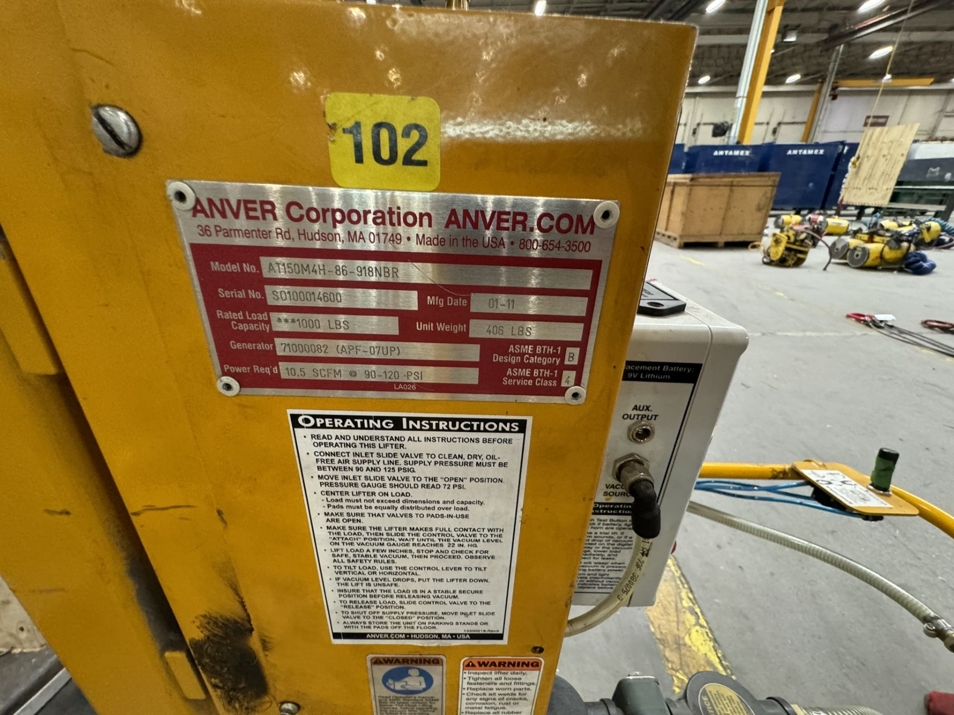 ANVER, AT150M4H-86-918NBR, 700 LBS, 6 POD, GLASS SUCTION, LIFTER, 2011 ...