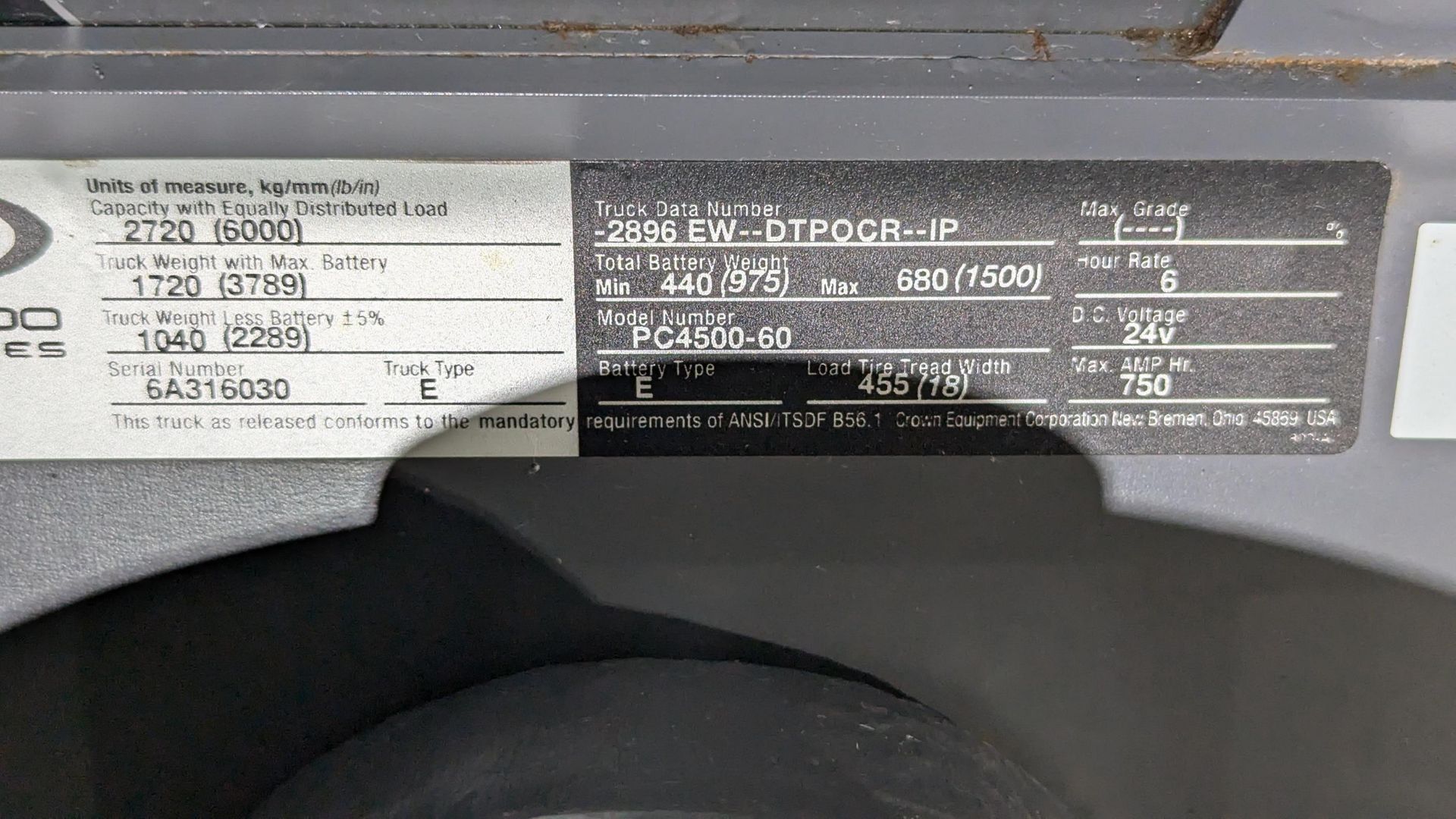 CROWN, PC4500-60, 6,000 LBS., 24 VOLT, CENTER CONTROL, PALLET TRUCK, S ...