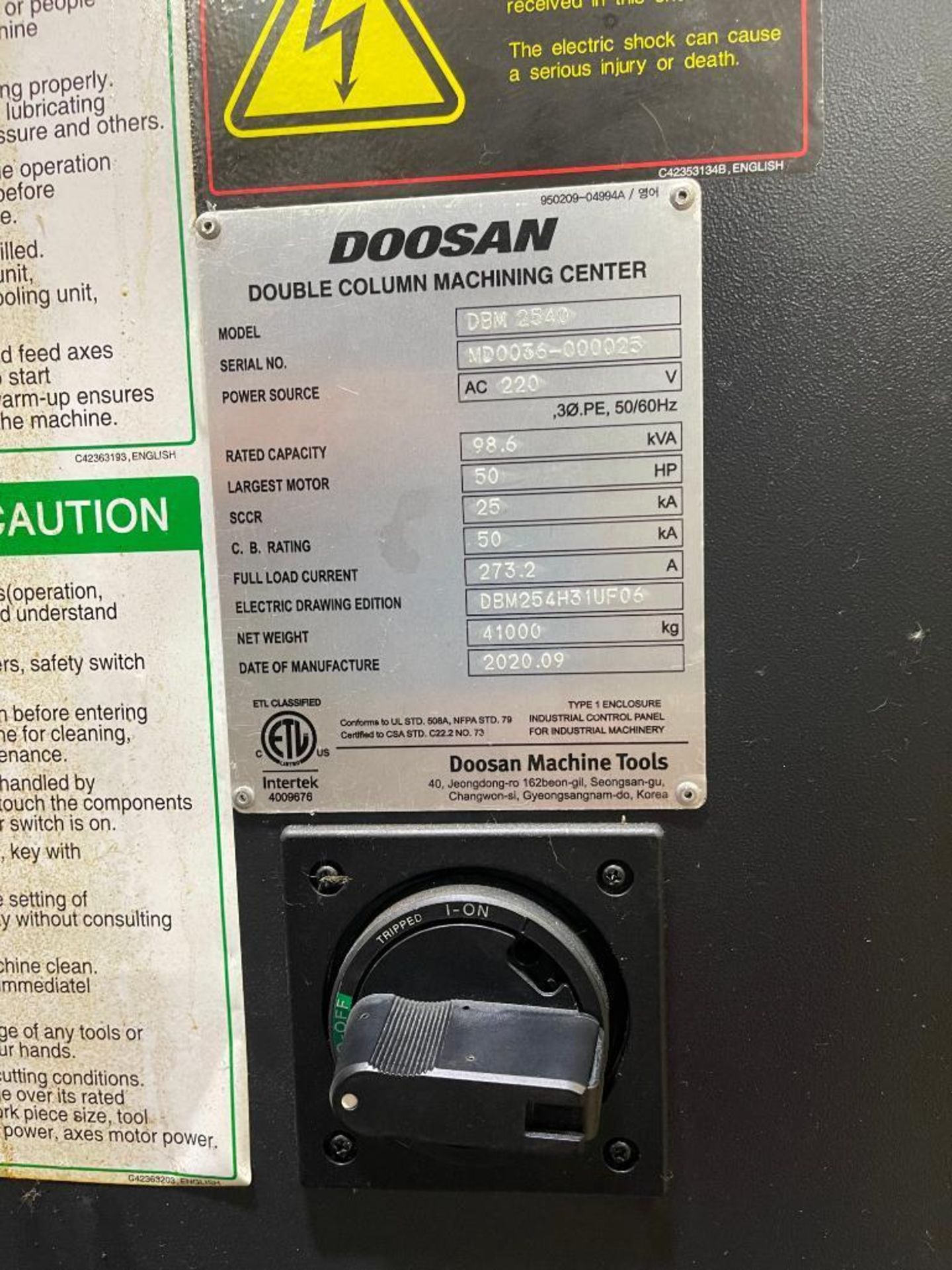 2020 Doosan Model DBM 2540 CNC Bridge Mill, S/N: MD0036-000025 (Unit ...