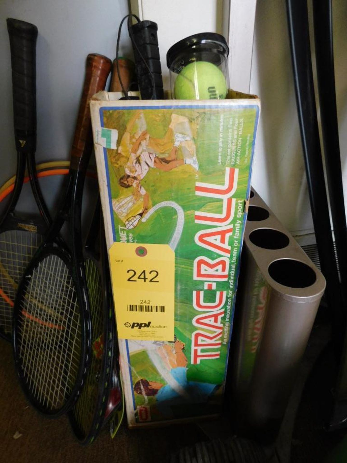 LOT: (3) Tennis Rackets, Trac-Ball Game, Assorted Lead Pellets & Targets