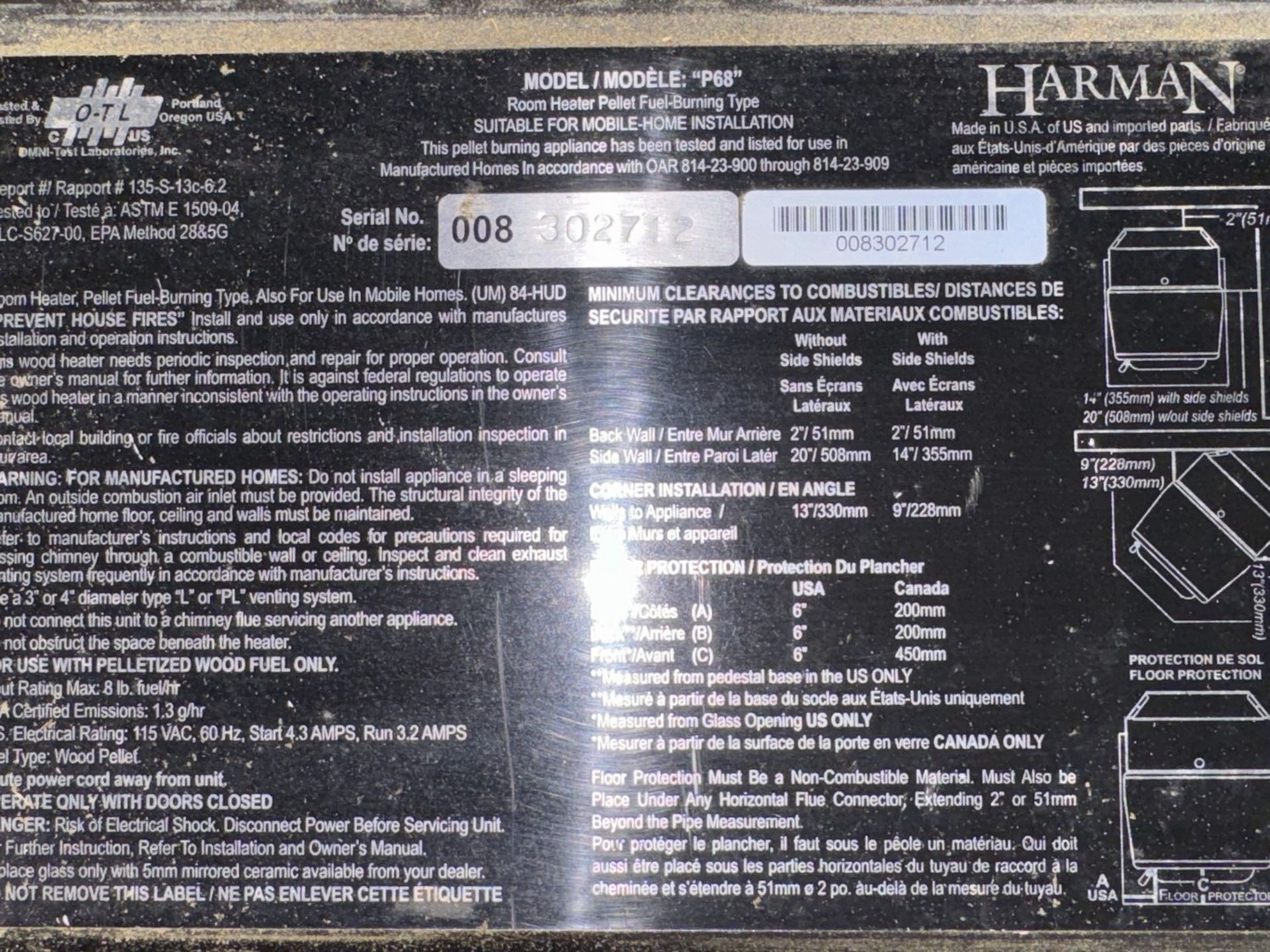 Harman P68 Free-Standing Stove, S/N 008 302713