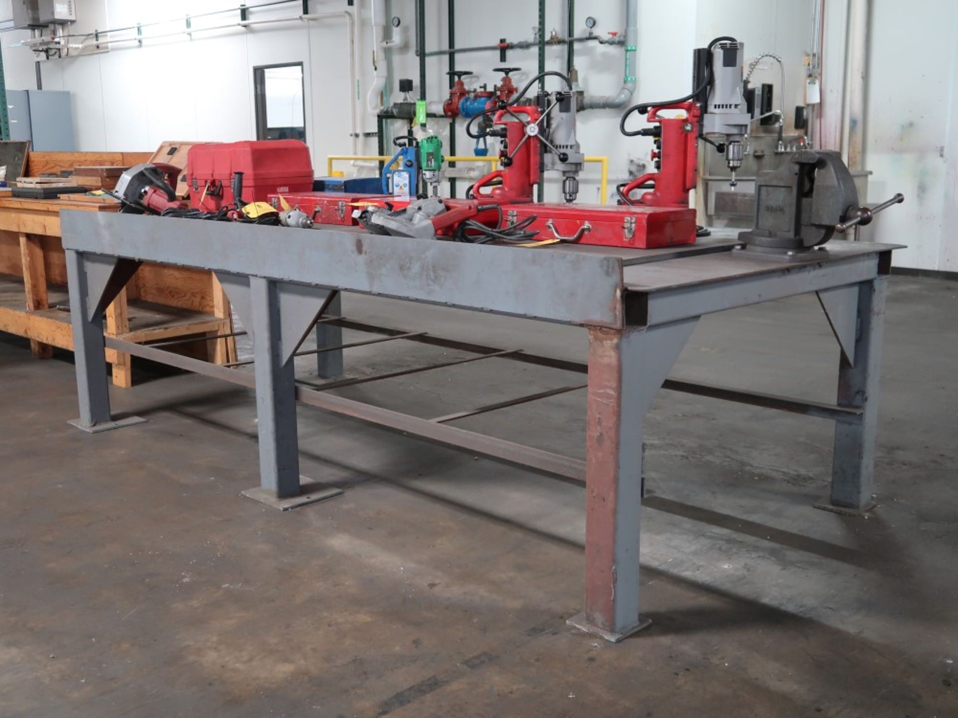 HEAVY DUTY STEEL LAYOUT TABLE 58" X 120" W/ STARRETT 4 1/2" BENCH VISE